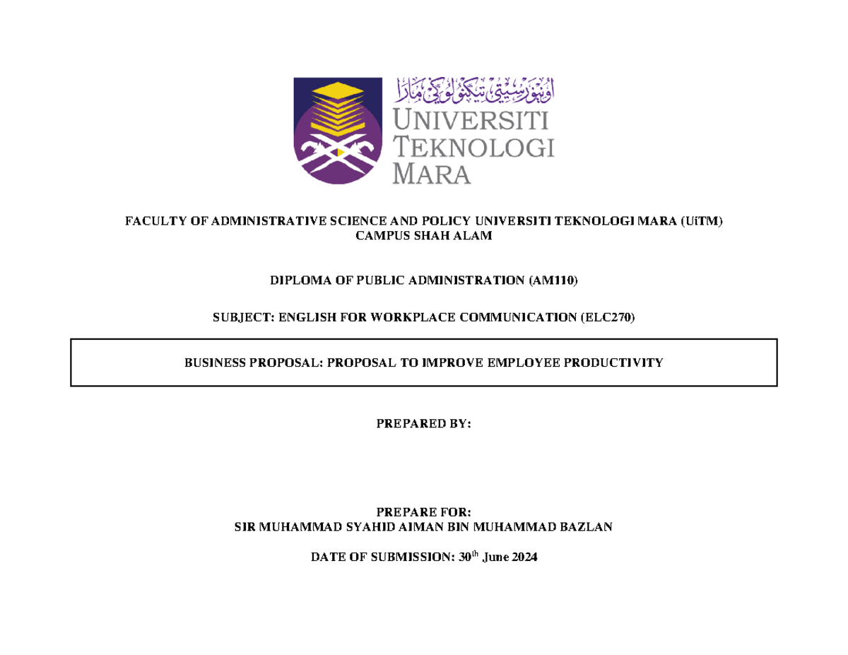 Draft business proposal 02 - FACULTY OF ADMINISTRATIVE SCIENCE AND ...