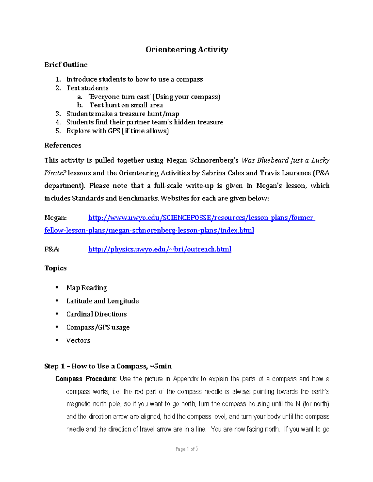 Orienteering Activity - Orienteering Activity Brief Outline 1 ...
