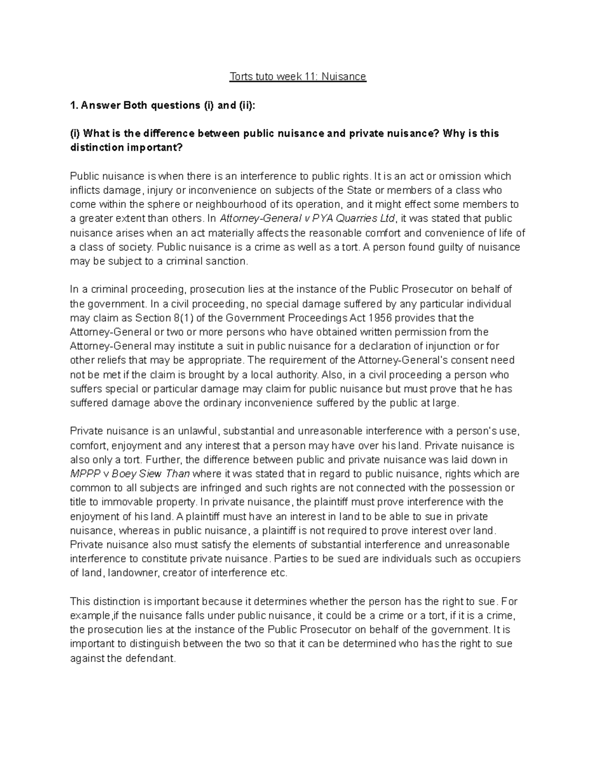 Torts tuto Nuisance - Torts tuto week 11: Nuisance 1. Answer Both ...