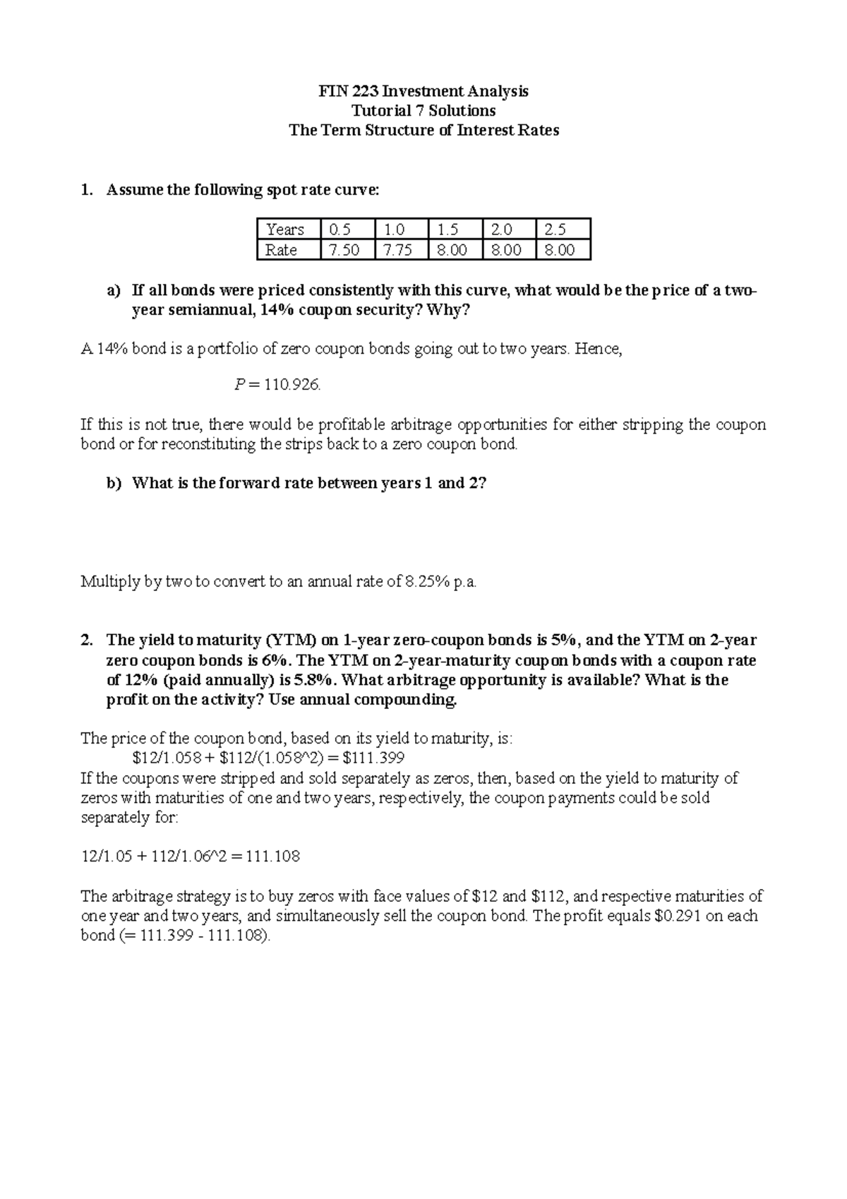 Tutorial 7 Solutions - FIN 223 Investment Analysis Tutorial 7 Solutions ...