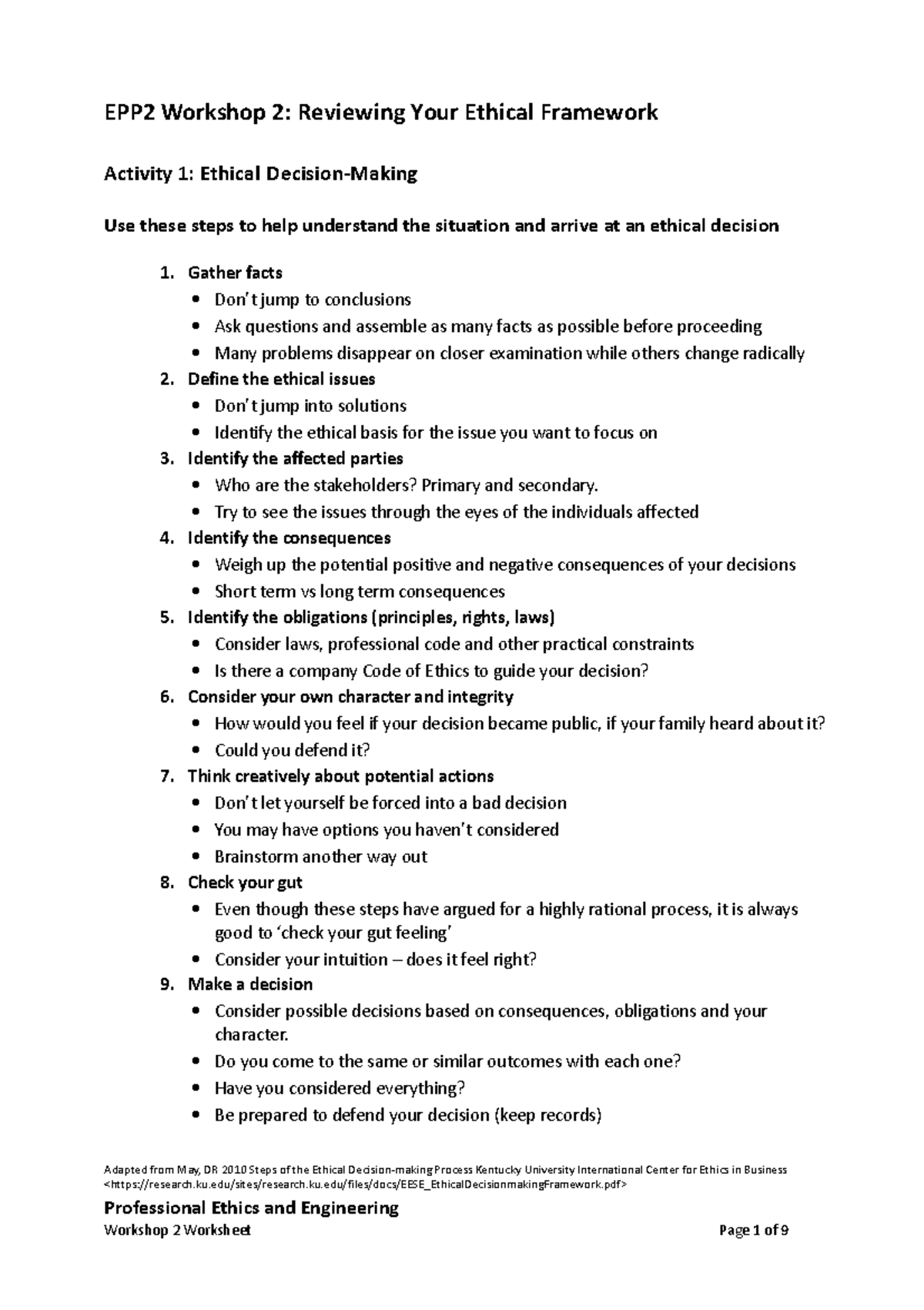 EPP2 Workshop 2 Worksheet - EPP2 Workshop 2: Reviewing Your Ethical ...