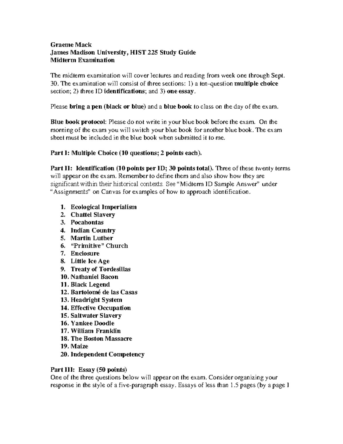 JMU Midterm Study Guide-1 - Graeme Mack James Madison University, HIST ...