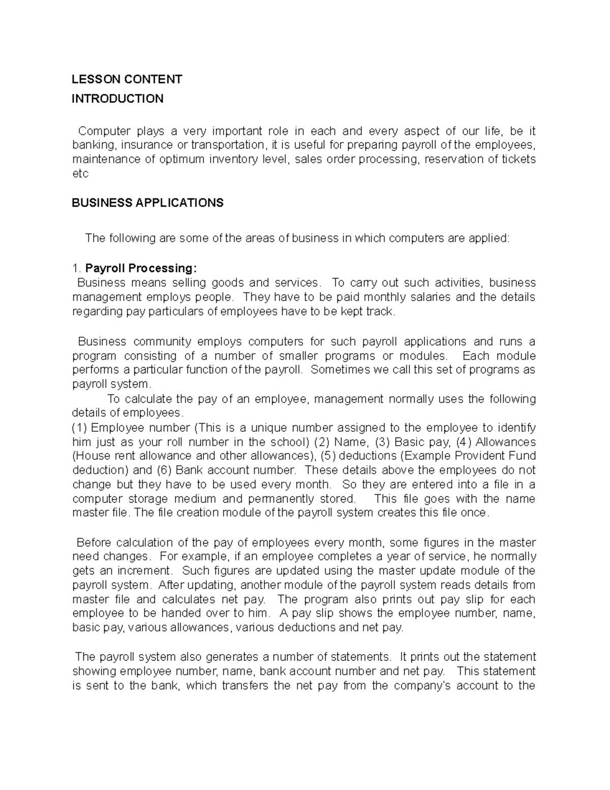 Applications OF Computer - LESSON CONTENT INTRODUCTION Computer plays a ...