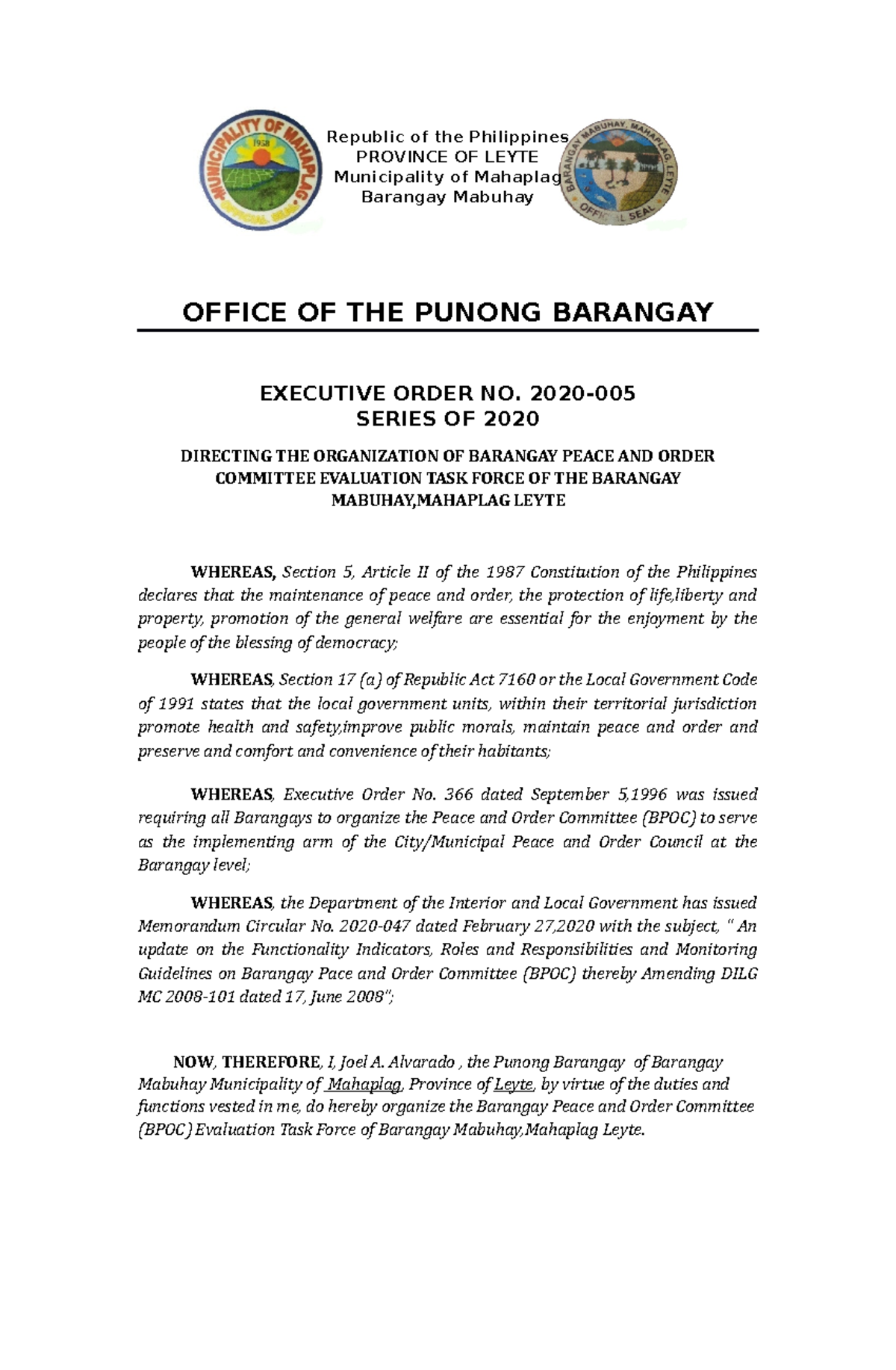 Eo bpoc - executive order for barangay child protection. - Republic of ...
