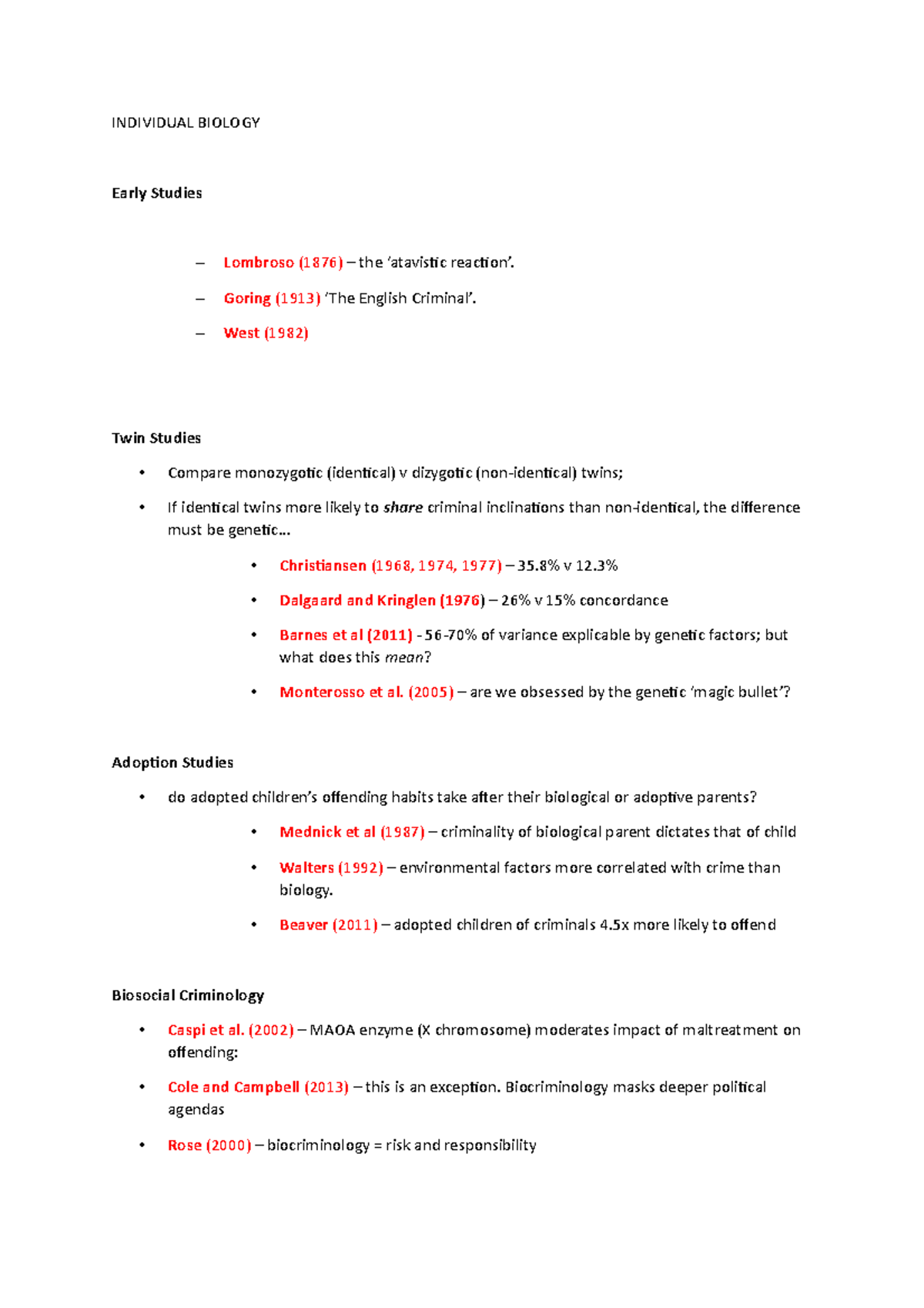 Individual Biology Notes - INDIVIDUAL BIOLOGY Early Studies Lombroso ...