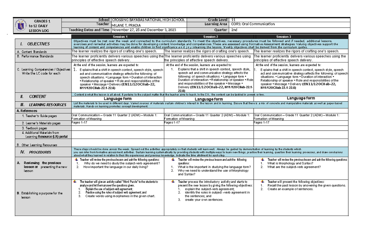 DLL COR1 WEEK 5 Q2 - DLL - GRADES 1 to 12 DAILY LESSON LOG School ...