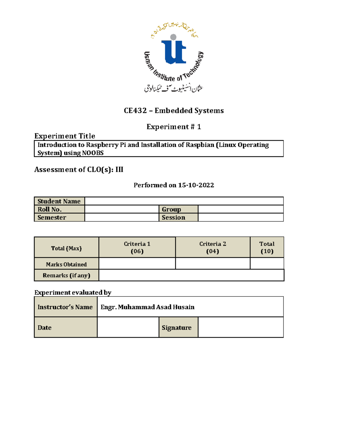 Experiment # 1 - Lab manual - CE432 – Embedded Systems Experiment # 1 Experiment Title ...