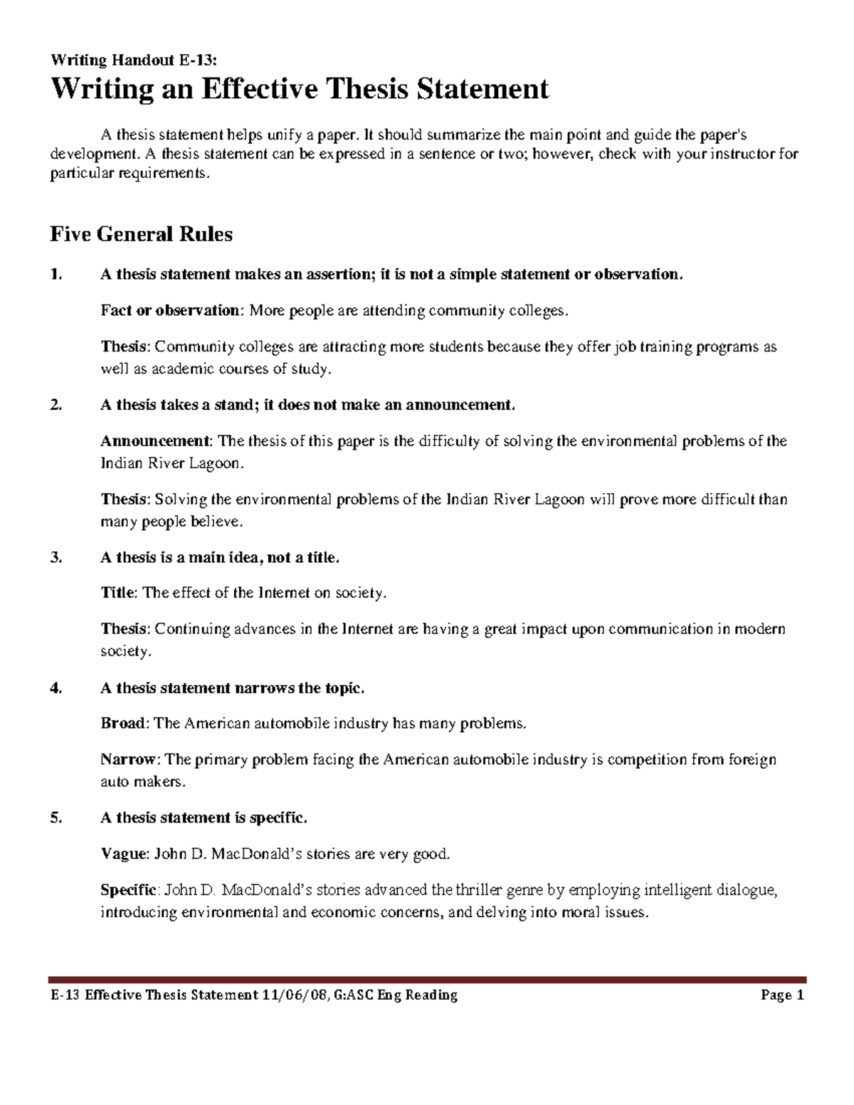 Thesis Statement Handout Writing Handout E 13 Writing An Effective 