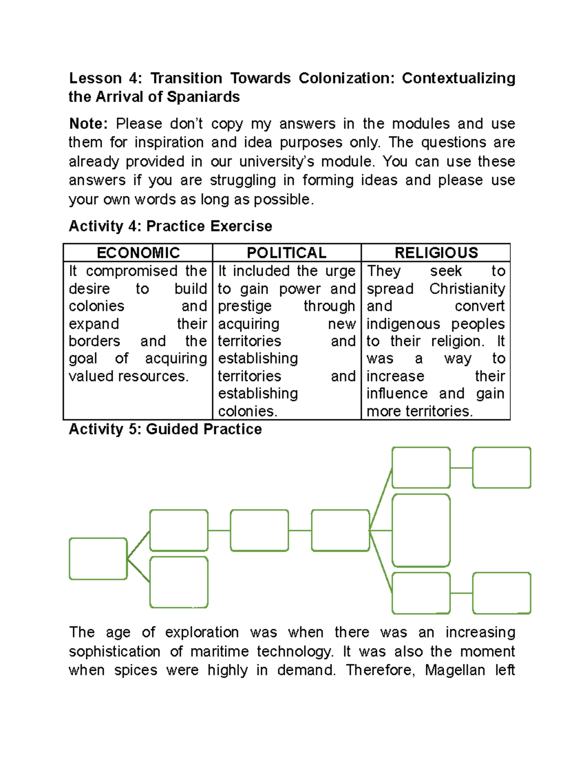 GEN 004 Lesson 4 Answers - Lesson 4: Transition Towards Colonization ...