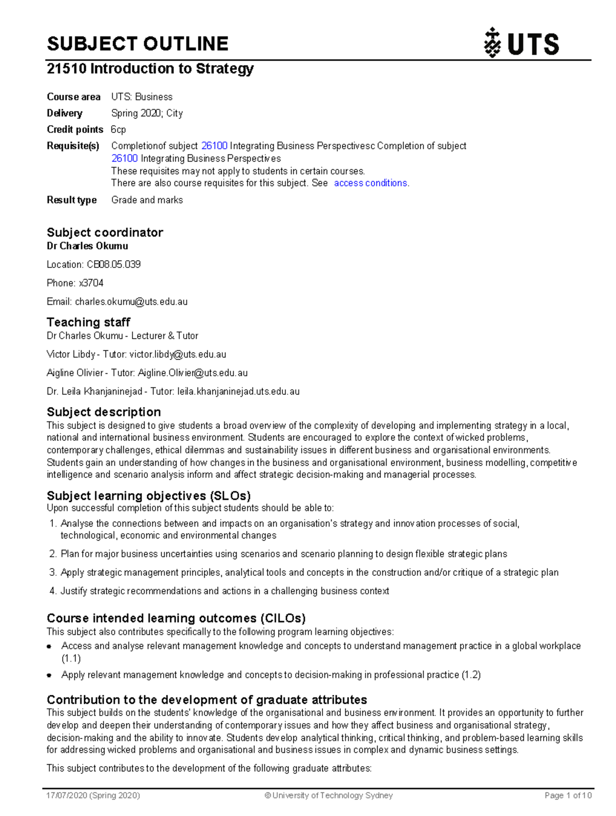 Subject outline - SUBJECT OUTLINE 21510 Introduction to Strategy ...