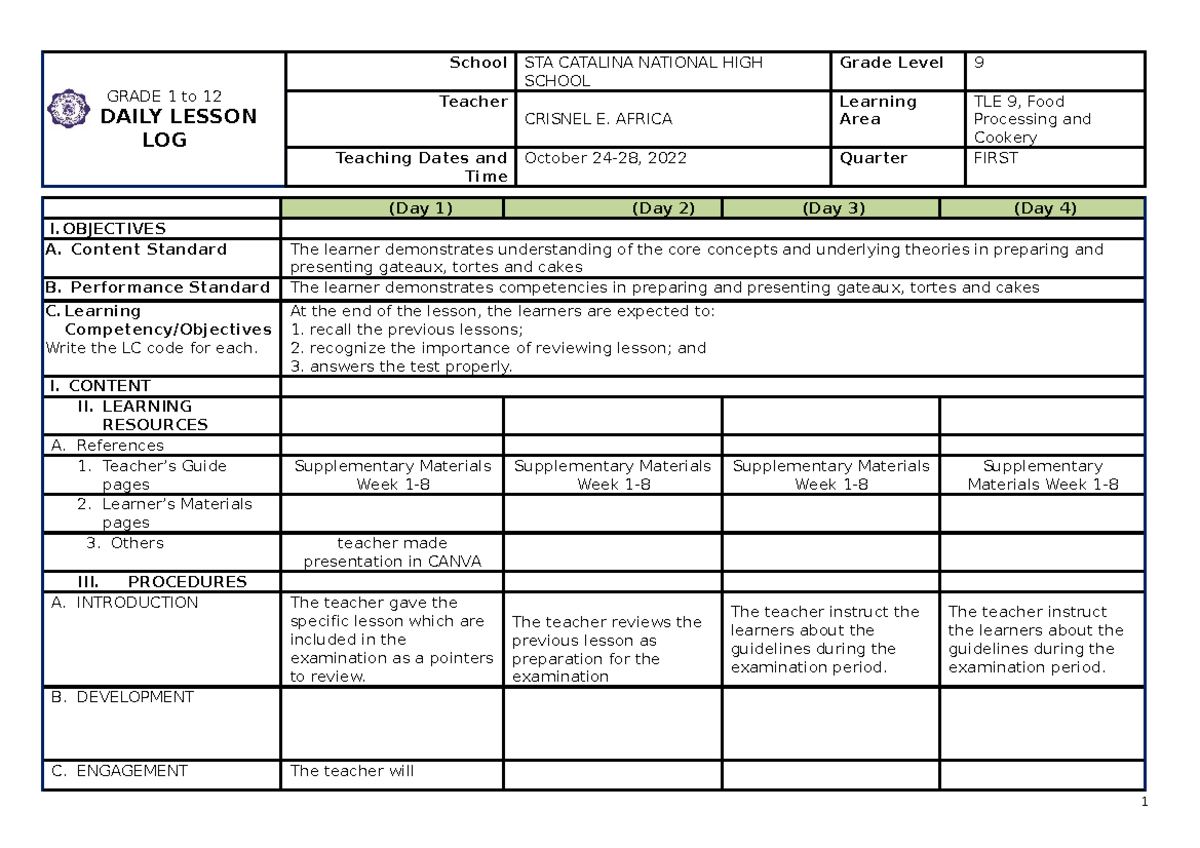 DLL-Week - awfsry - GRADE 1 to 12 DAILY LESSON LOG School STA CATALINA ...