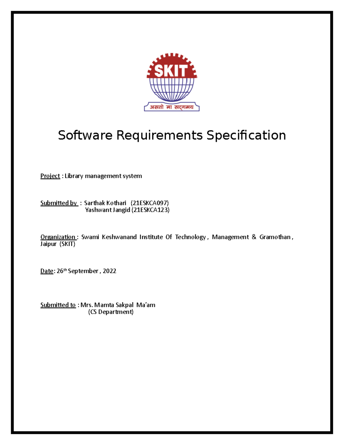 SRS - Software Requirements Specification Project : Library management ...
