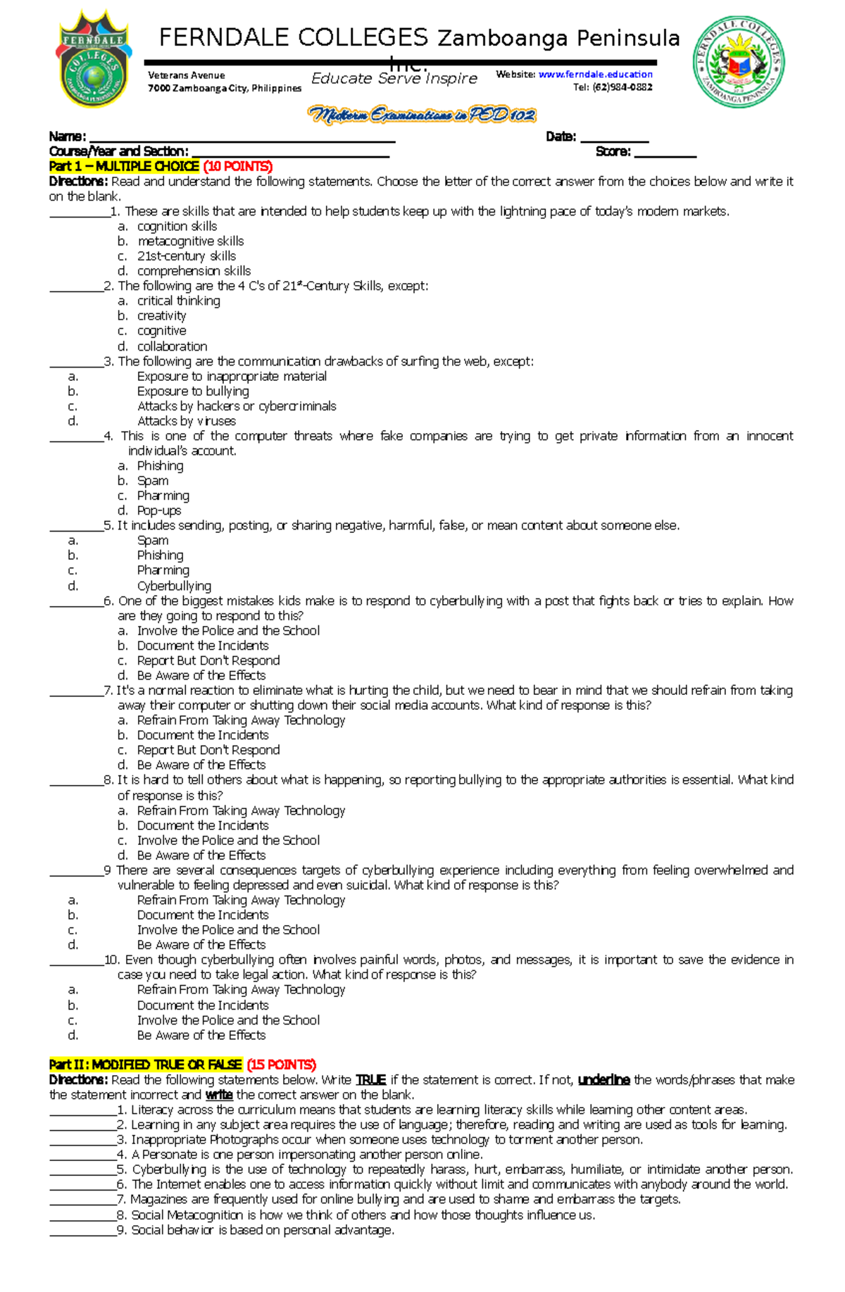 PED 102- Midterm - Example sample only. - Name