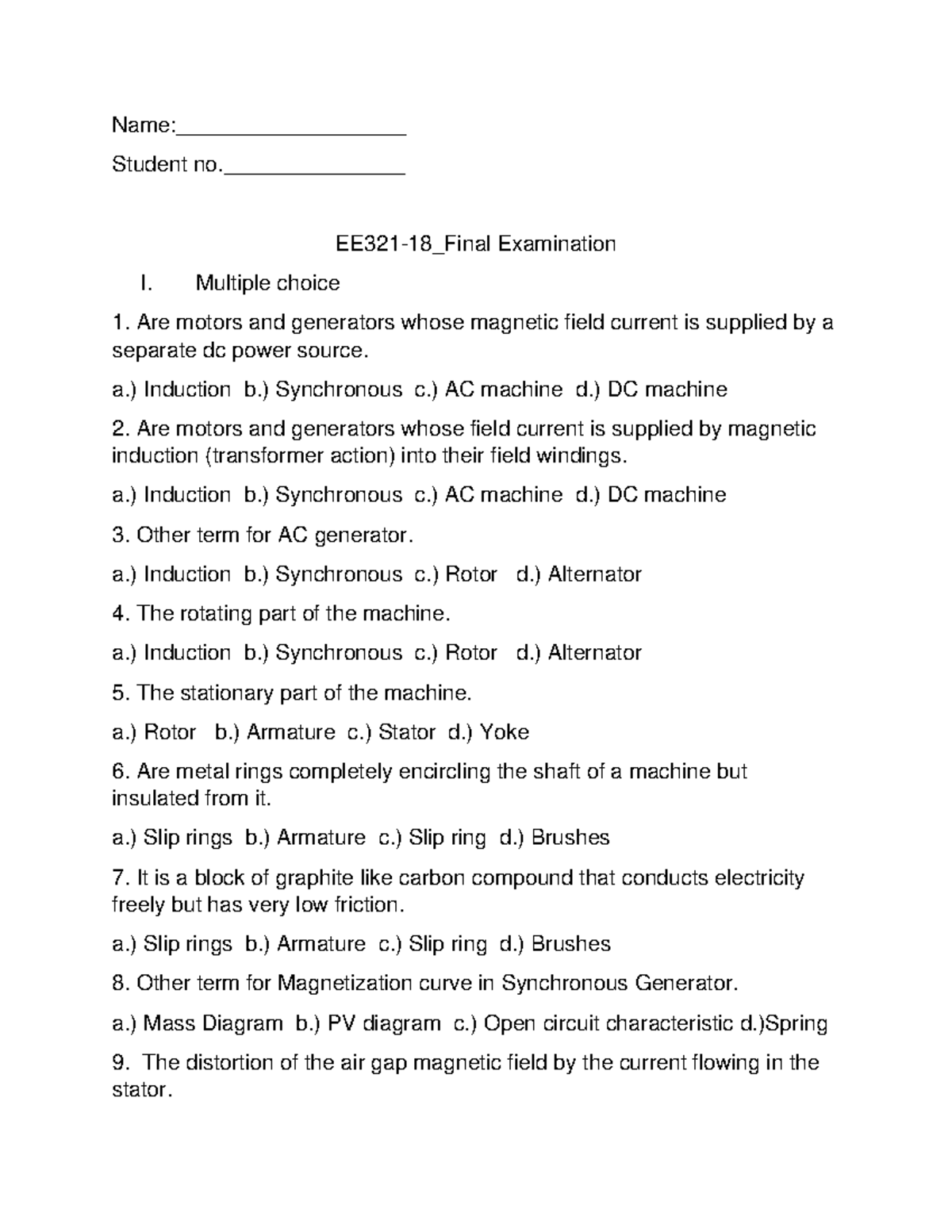 Practice Exams for Electrical Engineering - Name:___________________ Student no ...