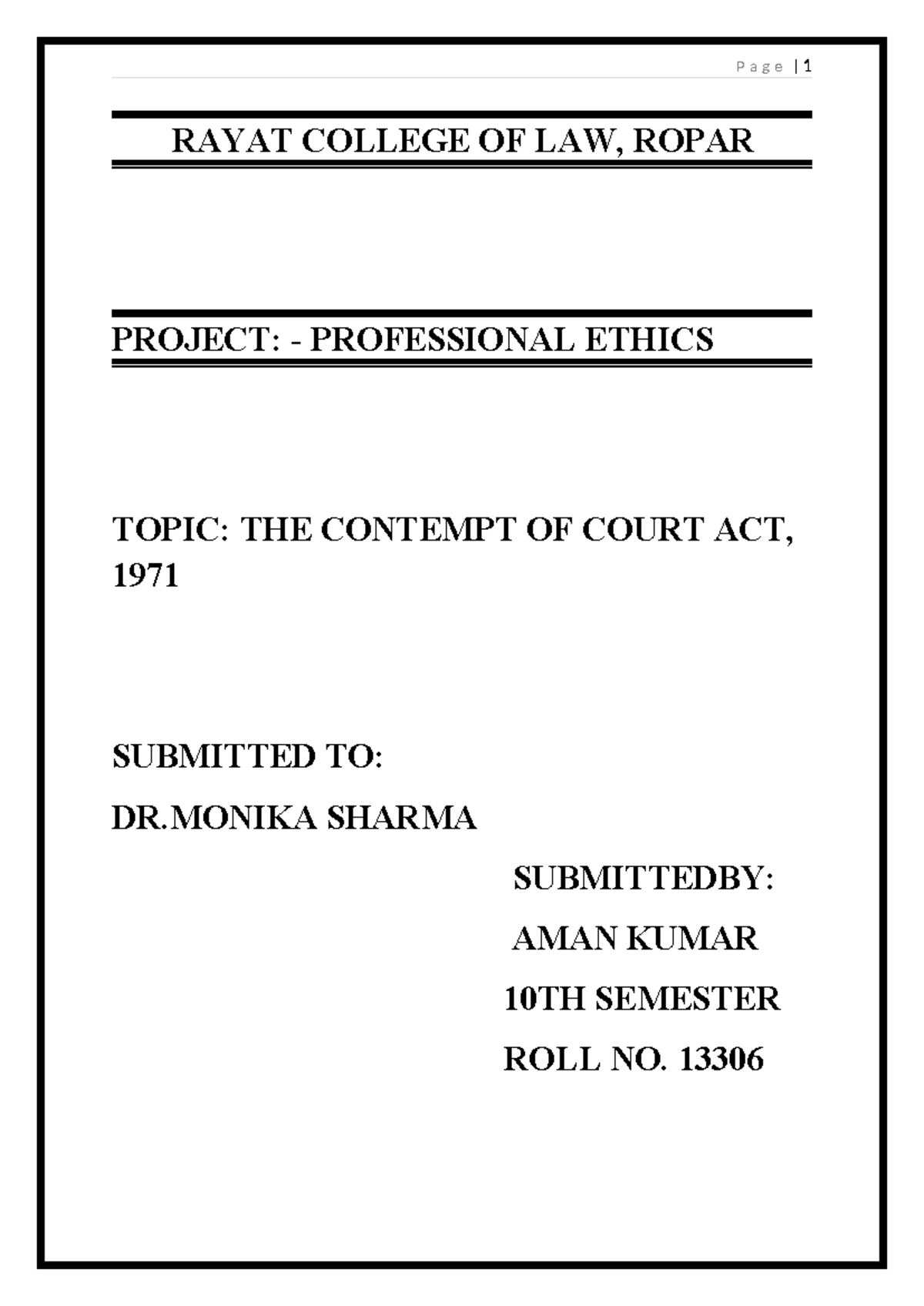 453643527 Contempt OF Court - RAYAT COLLEGE OF LAW, ROPAR PROJECT ...