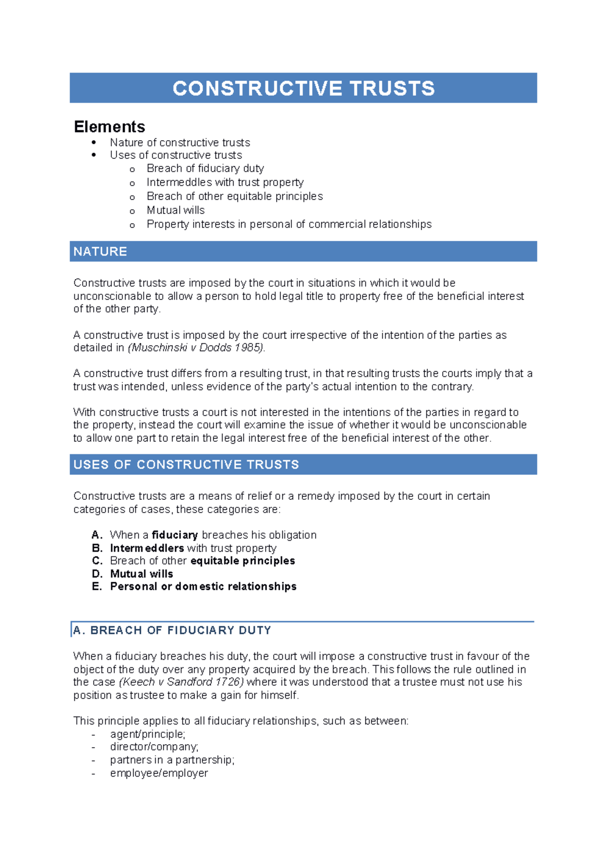 Constructive Trusts - CONSTRUCTIVE TRUSTS Elements Nature of constructive trusts Uses of - Studocu