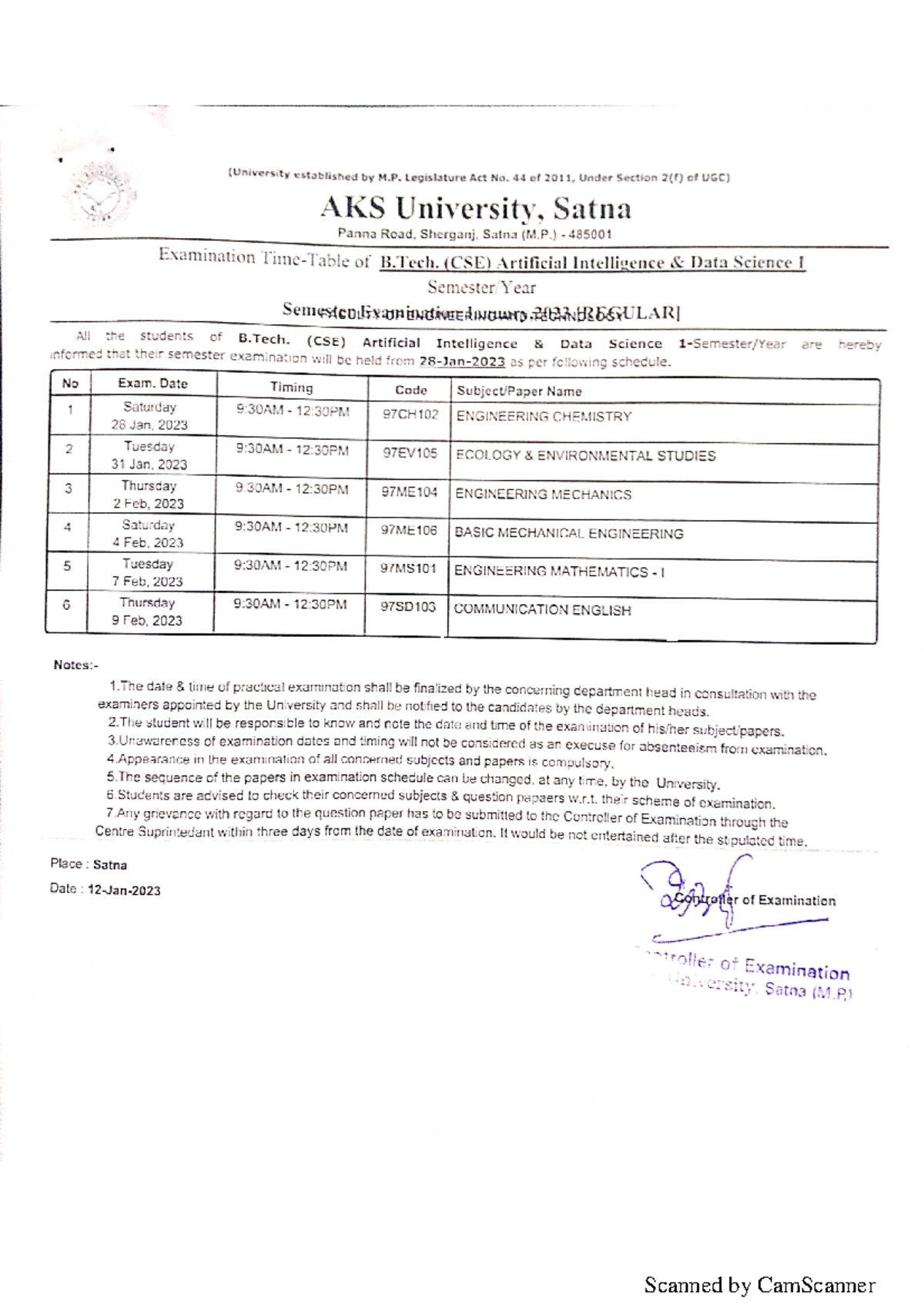 1-B.TECH Final Exam Schedule - Computer Science Engineering - Studocu