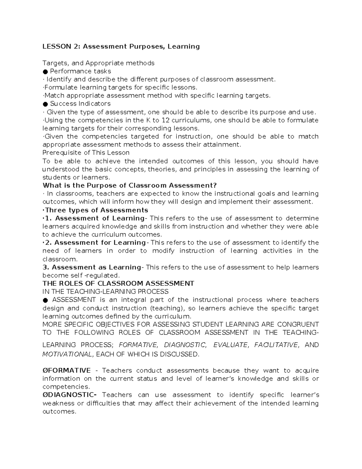 Lesson-2 - PLEASE - LESSON 2: Assessment Purposes, Learning Targets ...