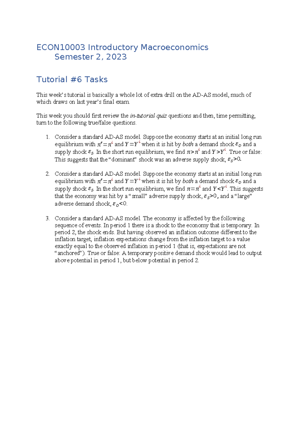 Tutorial 6 Questions Econ10003 Introductory Macroeconomics Semester 2 2023 Tutorial 6 Tasks