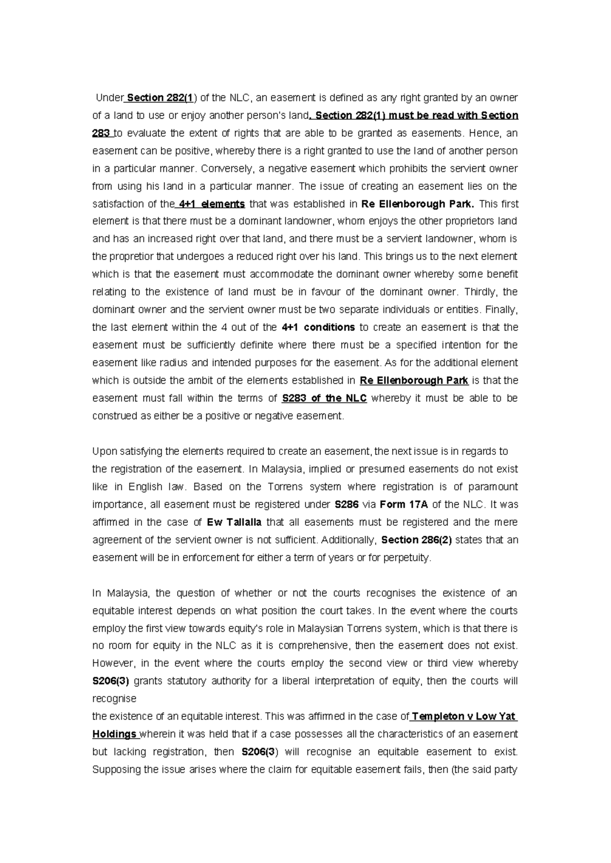 Easement SUM - Under Section 282(1) of the NLC, an easement is defined ...