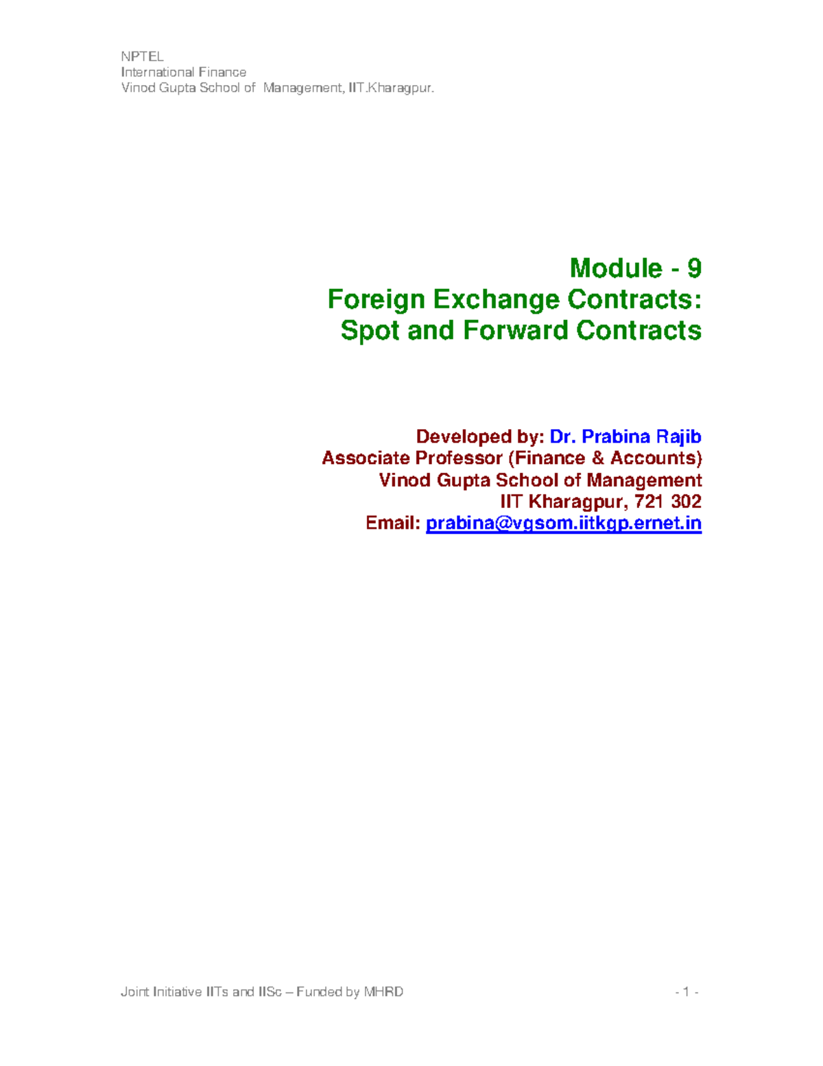 Module 9 - Foreign exchange Contracts; Swap & Forward Contracts - International Finance Vinod ...