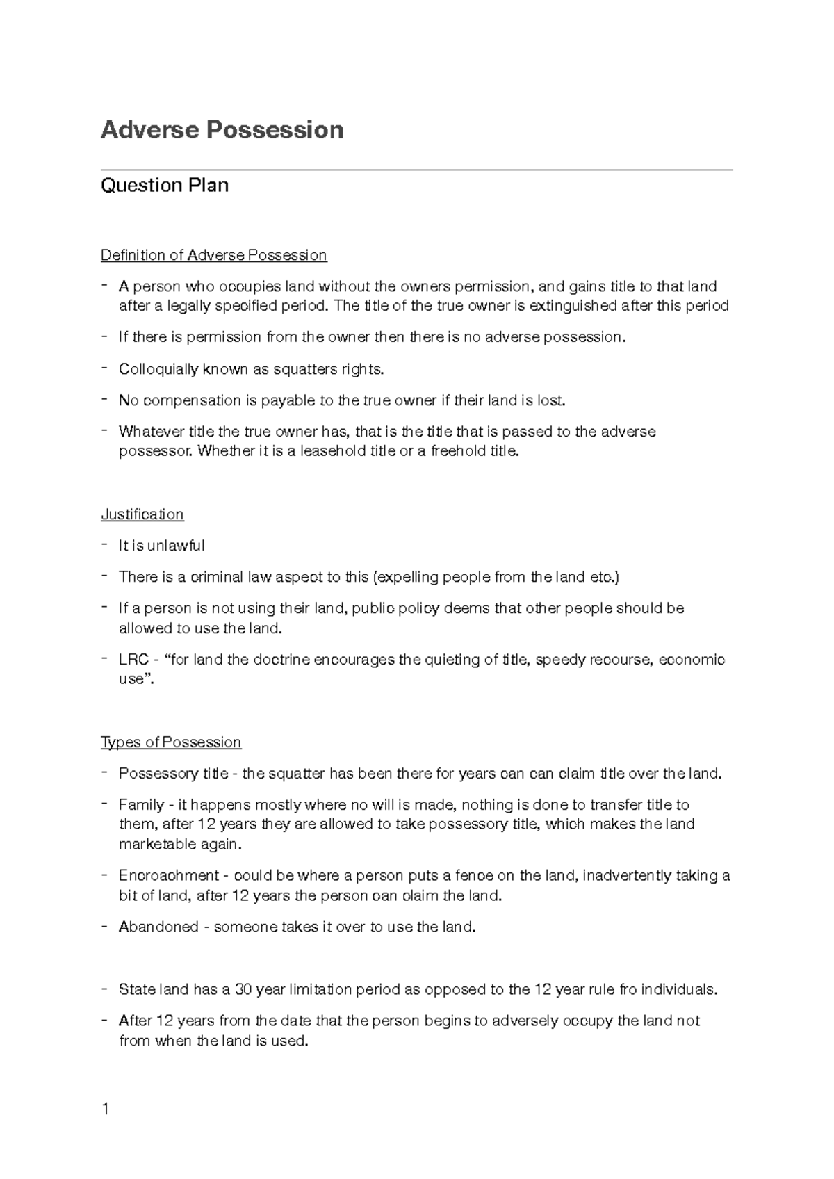 Adverse Possession Notes - Adverse Possession Question Plan Definition ...