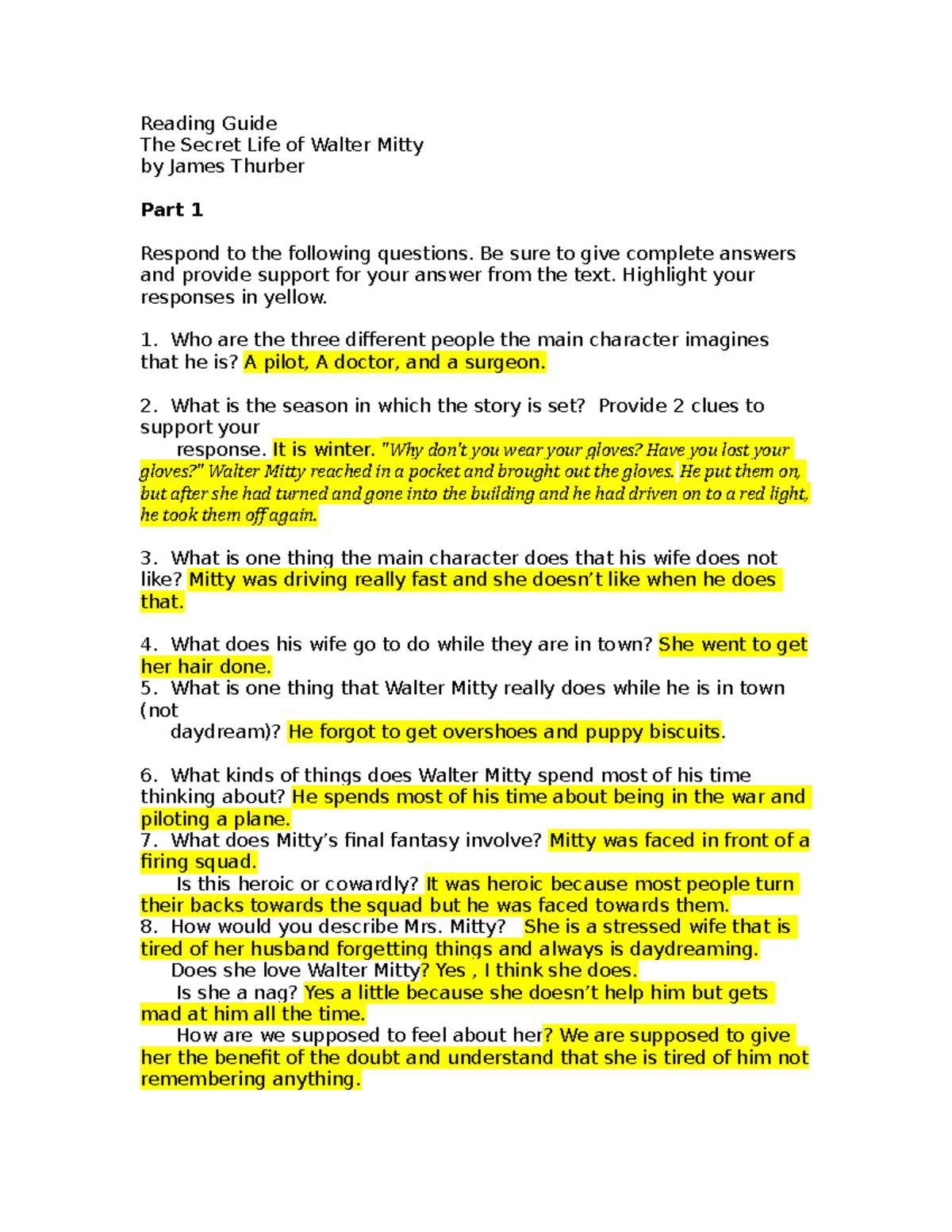 Reading Guide SLWMitty Part 1(1) - Reading Guide The Secret Life of ...