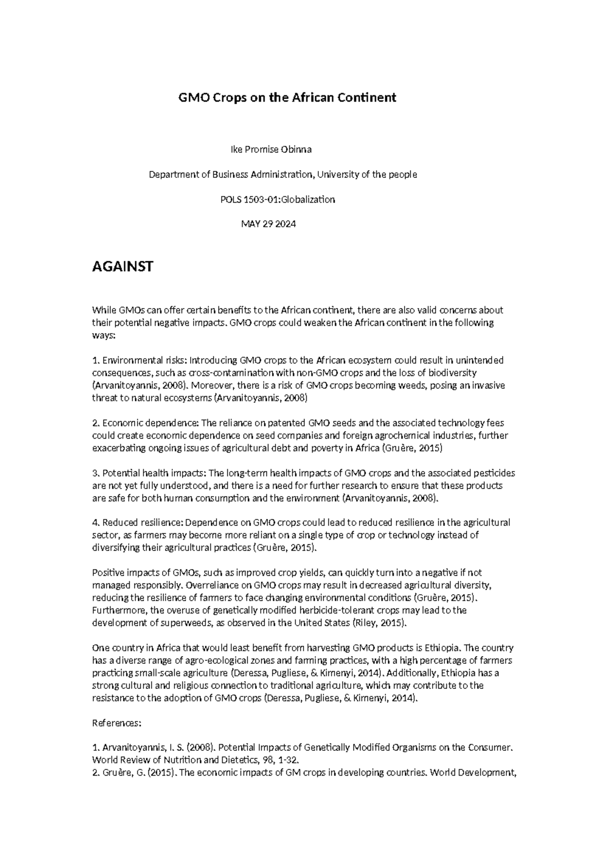 POLS Writing Assignment unit 7 - GMO Crops on the African Continent Ike ...