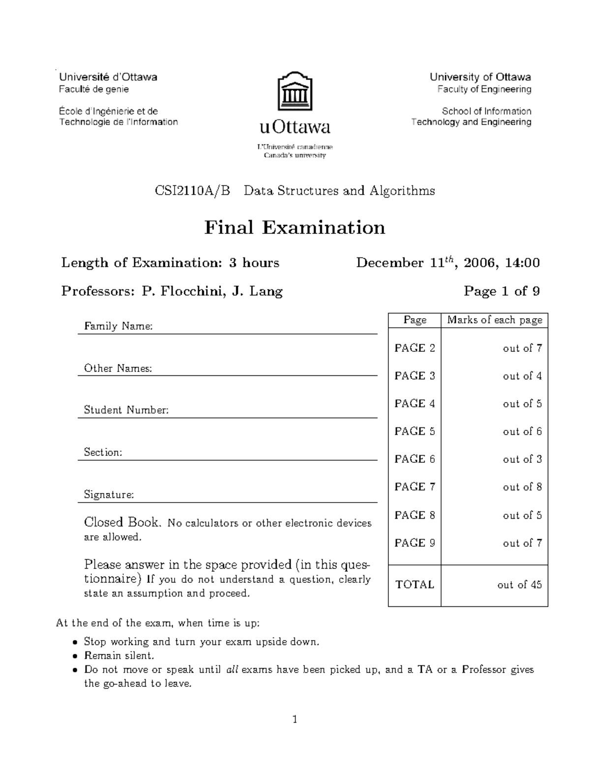 Final 2004 CSI2110 - CSI2110A/B Data Structures and Algorithms Final Examination Length of - Studocu