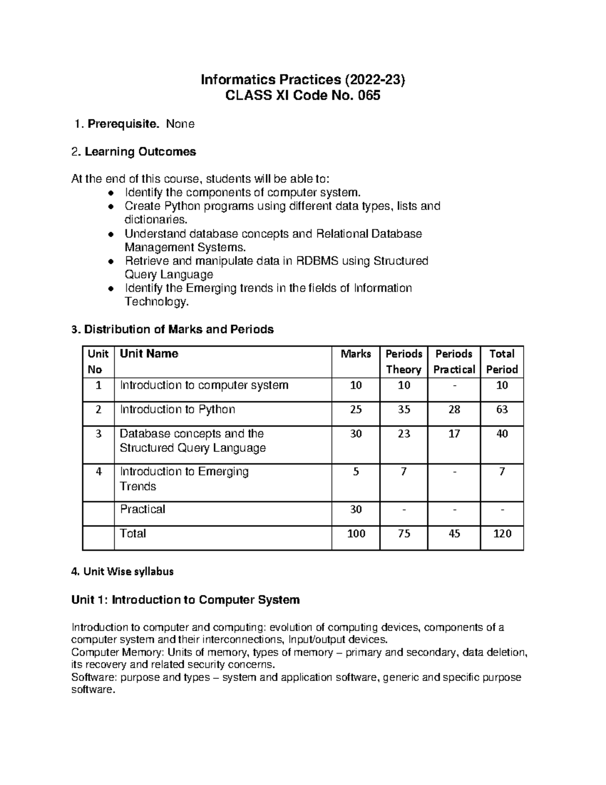 Informatics Practices Sr Sec 2022-23 - Informatics Practices (2022-23) CLASS XI Code No. 065 1 ...