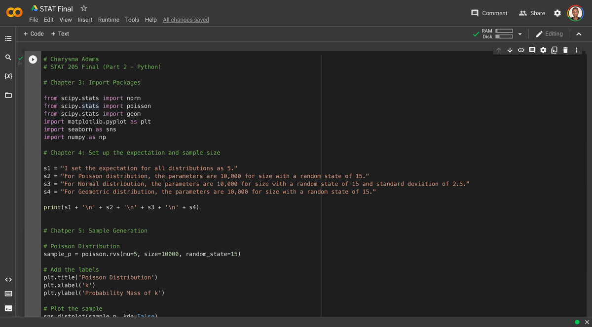 STAT Final - Colaboratory 1 - STAT Final File Edit View Insert Runtime Tools Help All changes ...