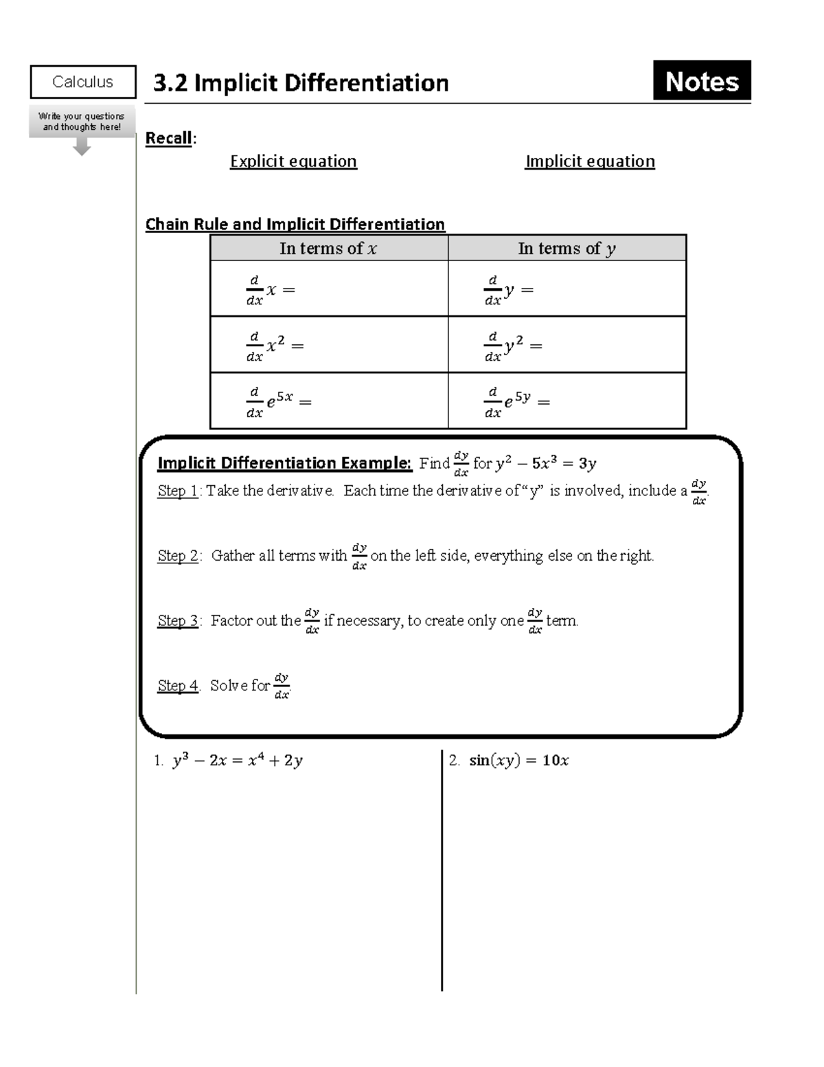 Calc 3 - practice - Recall: Explicit equation Implicit equation 𝒚 ൌ 𝒙 ...