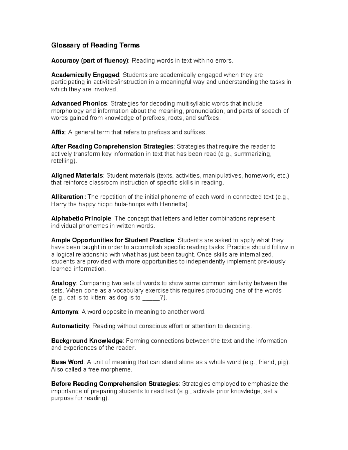 FCRRglossary Of Reading - Glossary of Reading Terms Accuracy (part of ...