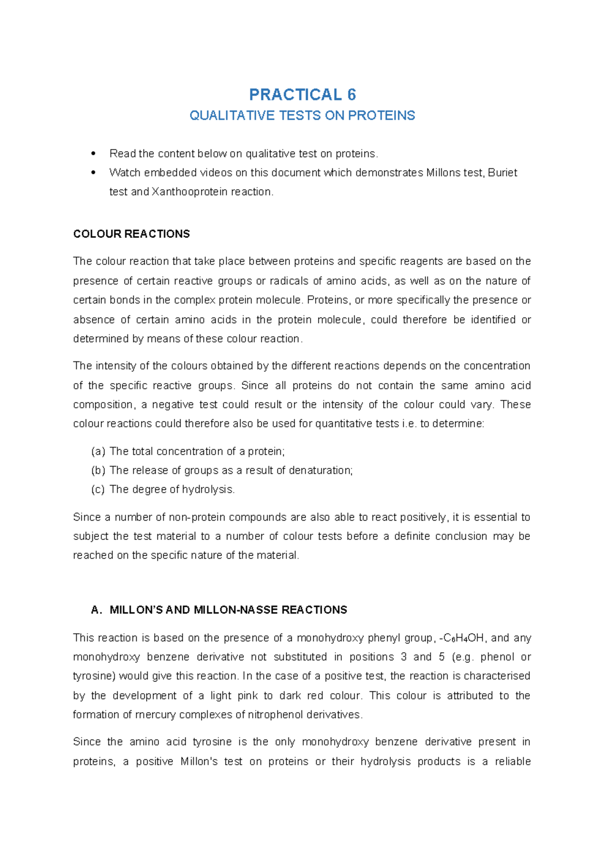 BIOC201 Practical 6 - Qualitative test on proteins Student Edition (1 ...
