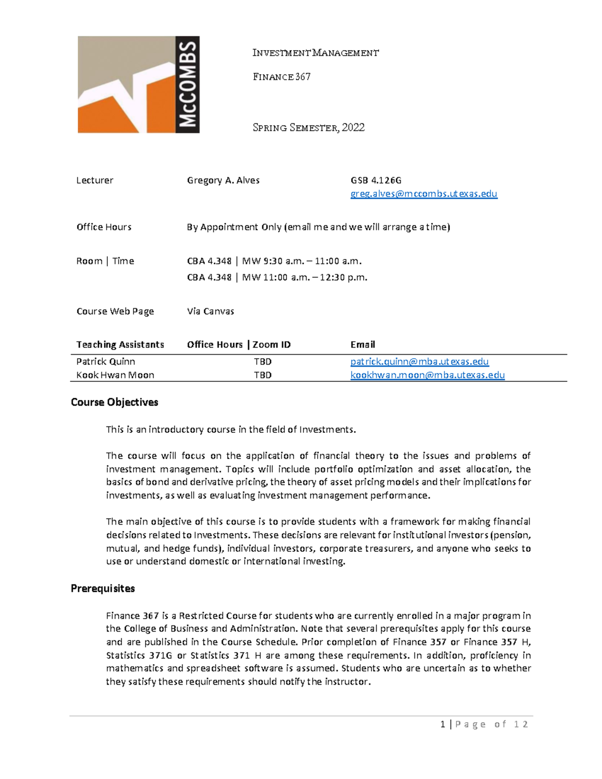 FIN 367 Investment Management, Alves, MW, 03400, 03415 - INVESTMENT ...
