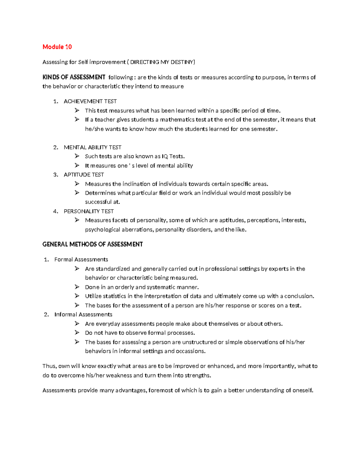 Module 10 11 UTS - Module 10 Assessing for Self improvement ( DIRECTING ...