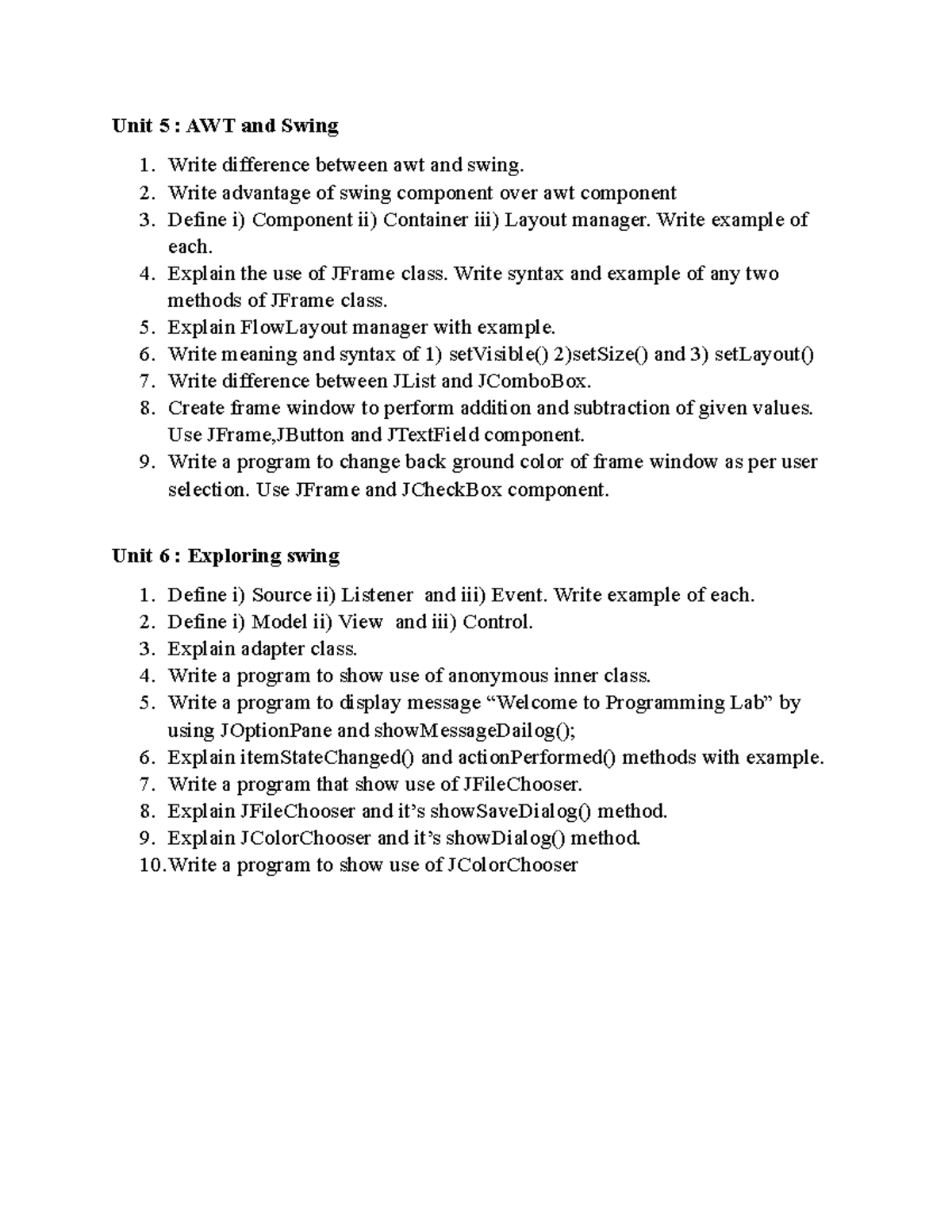 Unit 5 and 6 awt and swing - Unit 5 : AWT and Swing 1. Write difference ...
