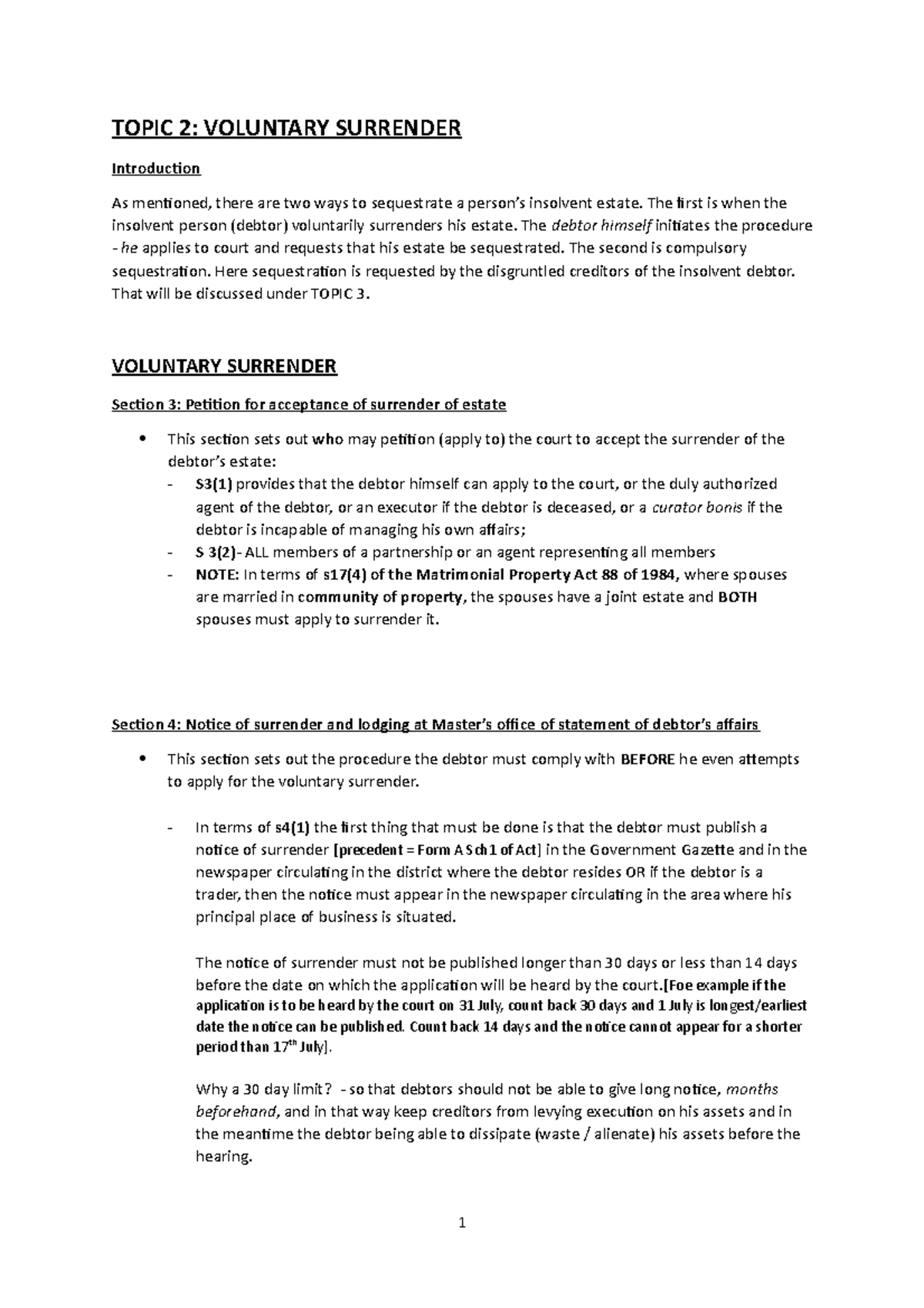 Voluntary surrender - TOPIC 2: VOLUNTARY SURRENDER Introduction As ...