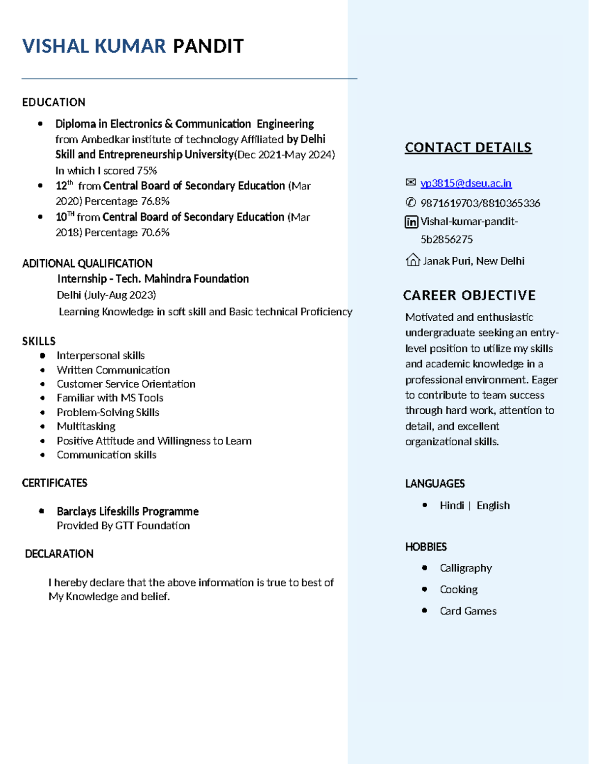 Resume Aman (1) - kill it - VISHAL KUMAR PANDIT EDUCATION Diploma in ...