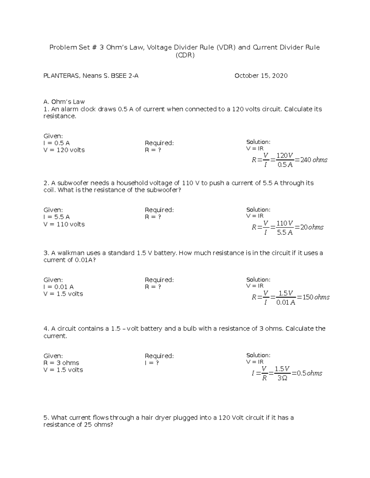 Problem Set no. 3 a - Problem Set # 3 Ohm’s Law, Voltage Divider Rule ...
