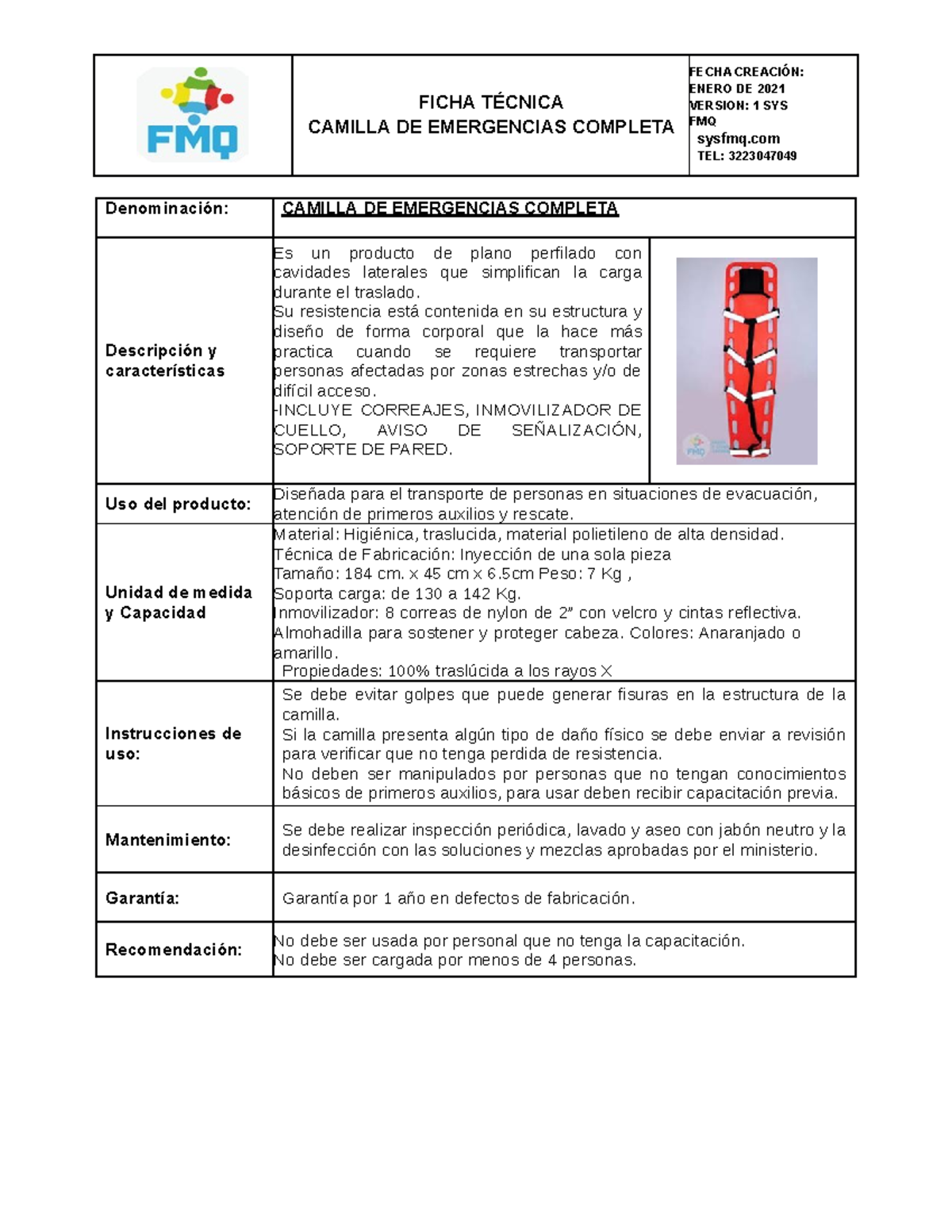 F - fsdfcsdfvcsd - FICHA TÉCNICA CAMILLA DE EMERGENCIAS COMPLETA FECHA CREACIÓN: ENERO DE 2021 ...