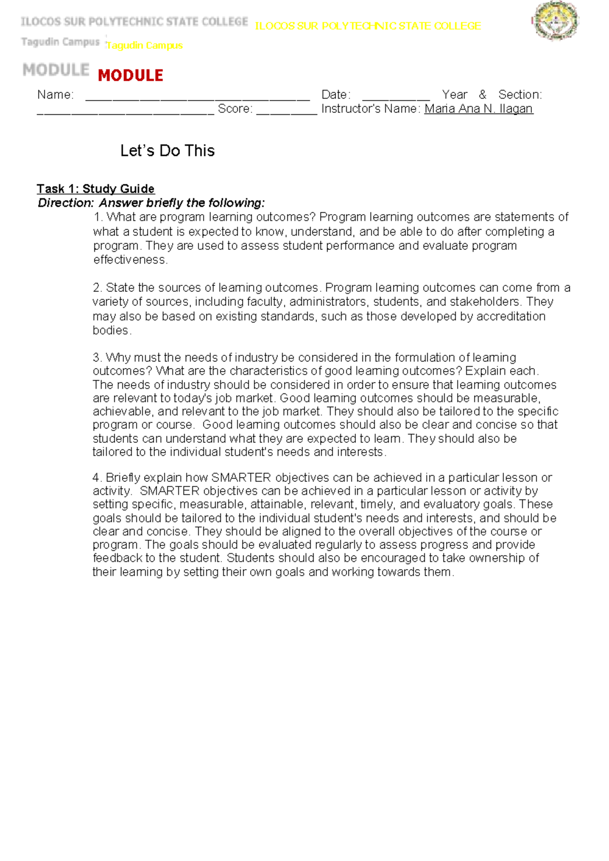 Module 3 Task 1 - ILOCOS SUR POLYTECHNIC STATE COLLEGE Tagudin Campus MODULE Name: - Studocu