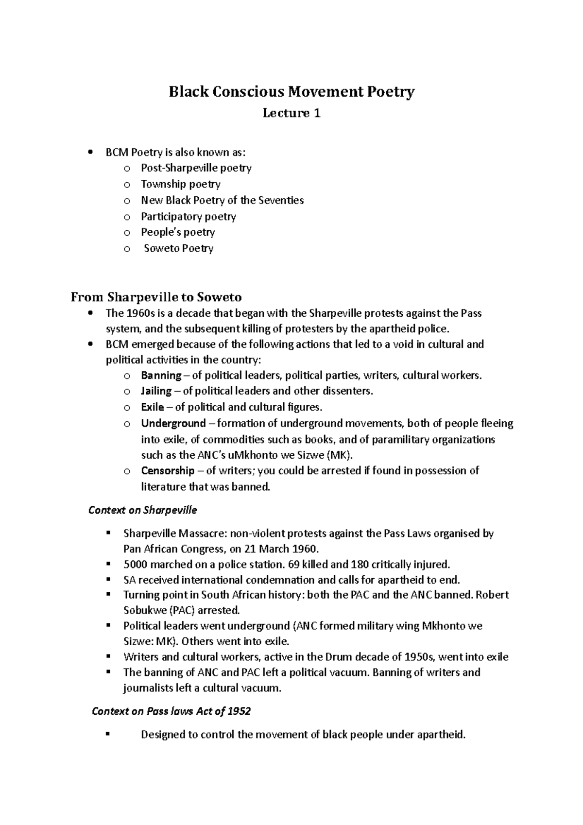 BCM notes - Black Conscious Movement Poetry Lecture 1 BCM Poetry is ...