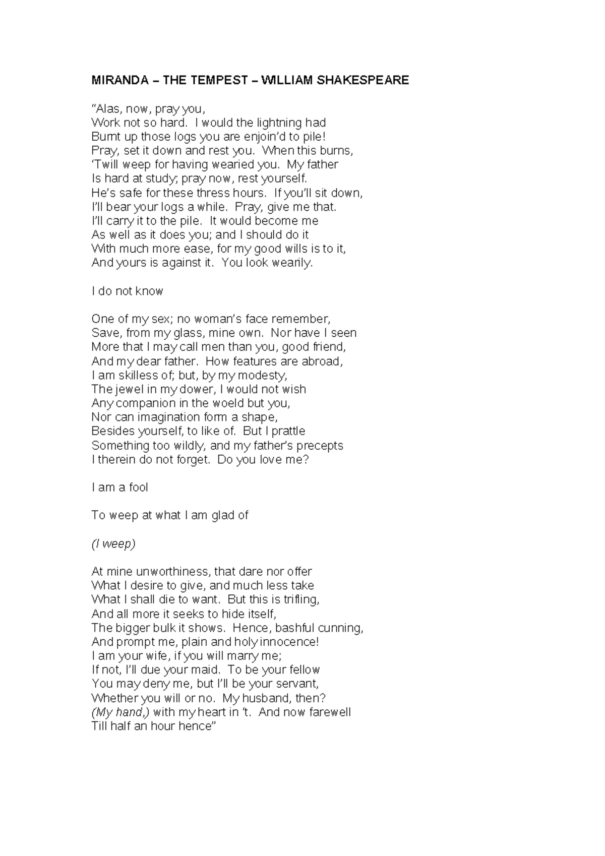 The Tempest Miranda William Shakespeare - MIRANDA – THE TEMPEST ...