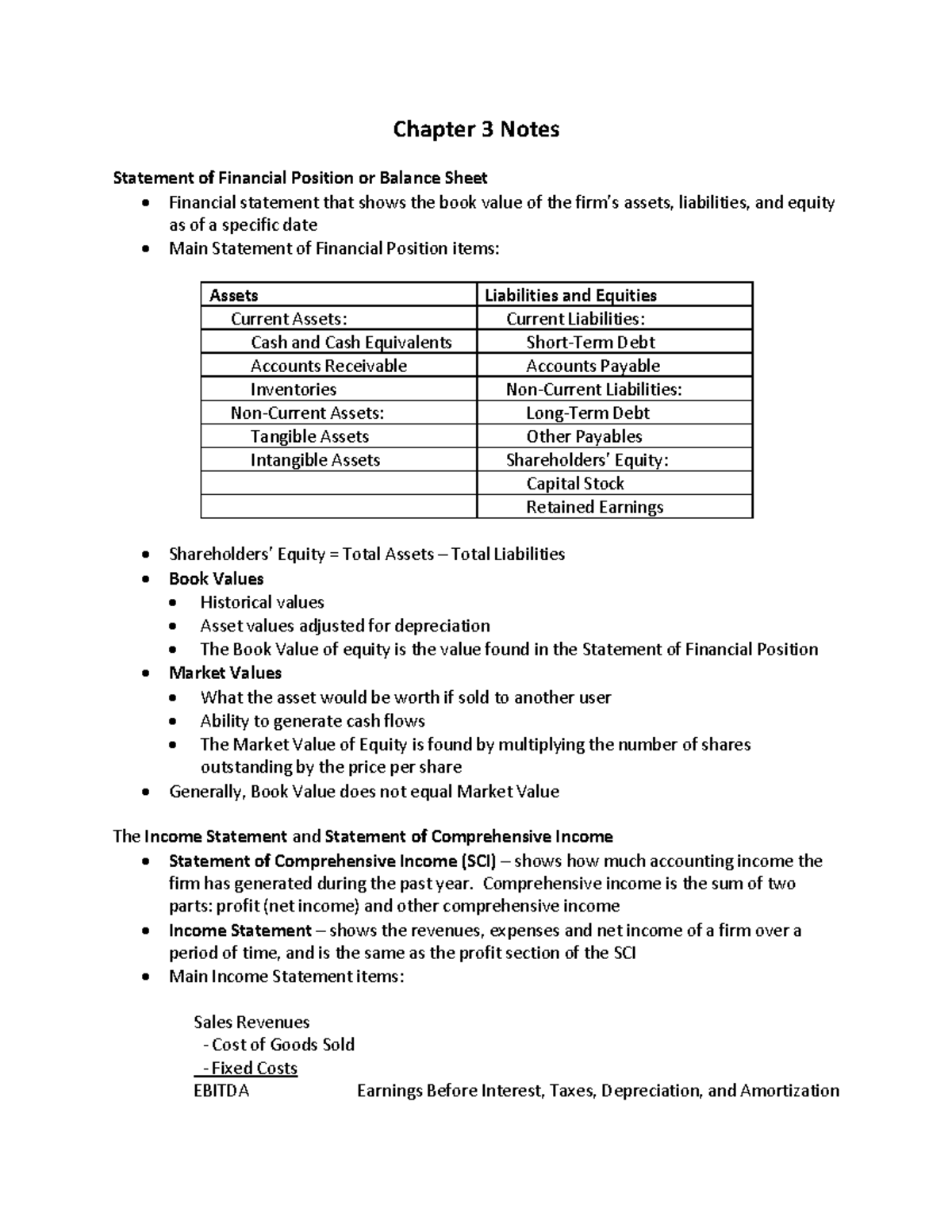 Chapter 3 Notes - Chapter 3 Notes Statement of Financial Position or ...