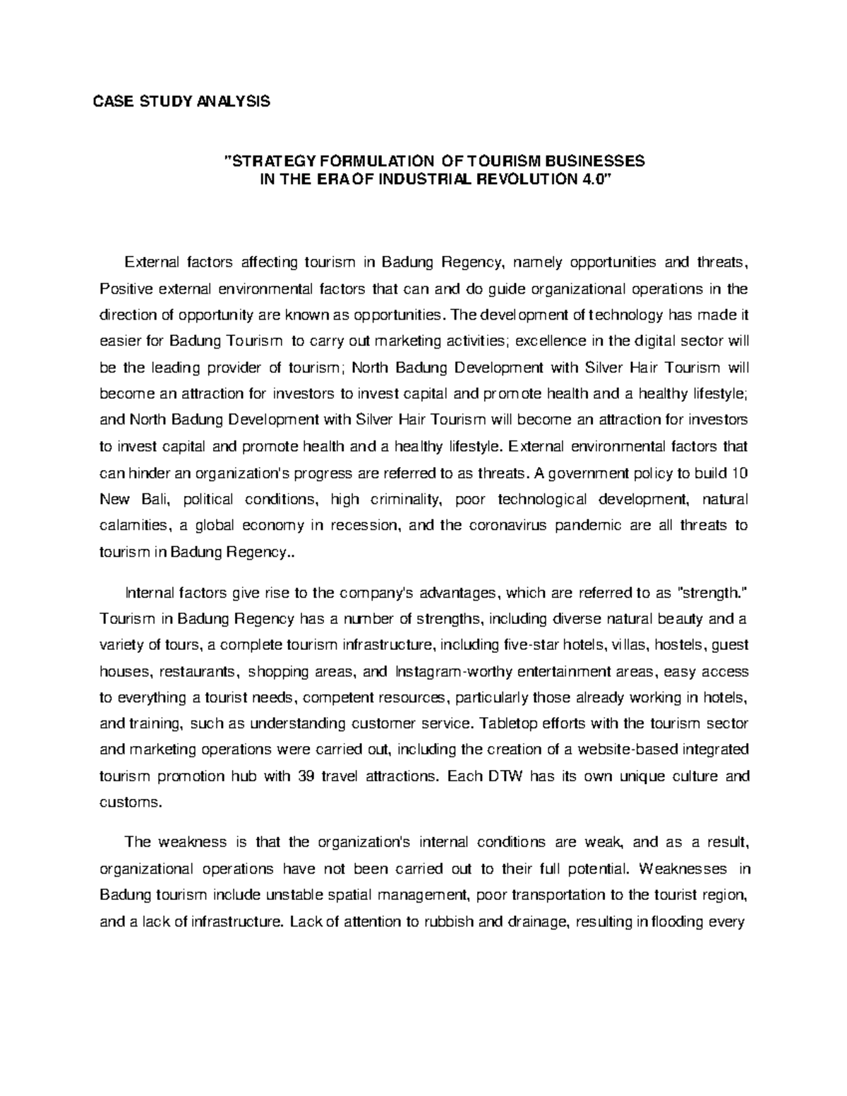 Case Study Analysis - Strategy Formulation of Tourism Businesses - CASE ...