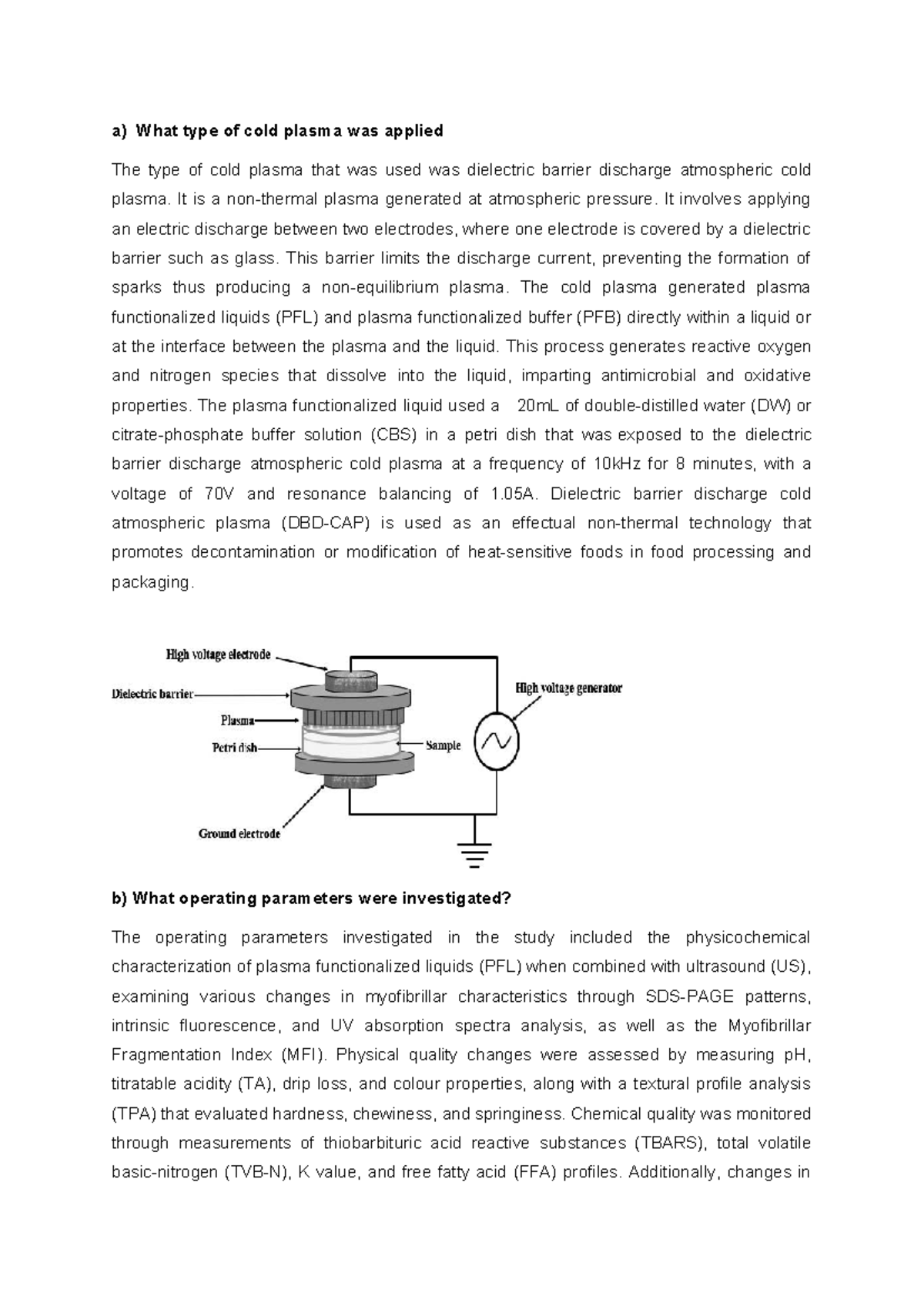 summary of cold plasma - a) What type of cold plasma was applied The ...