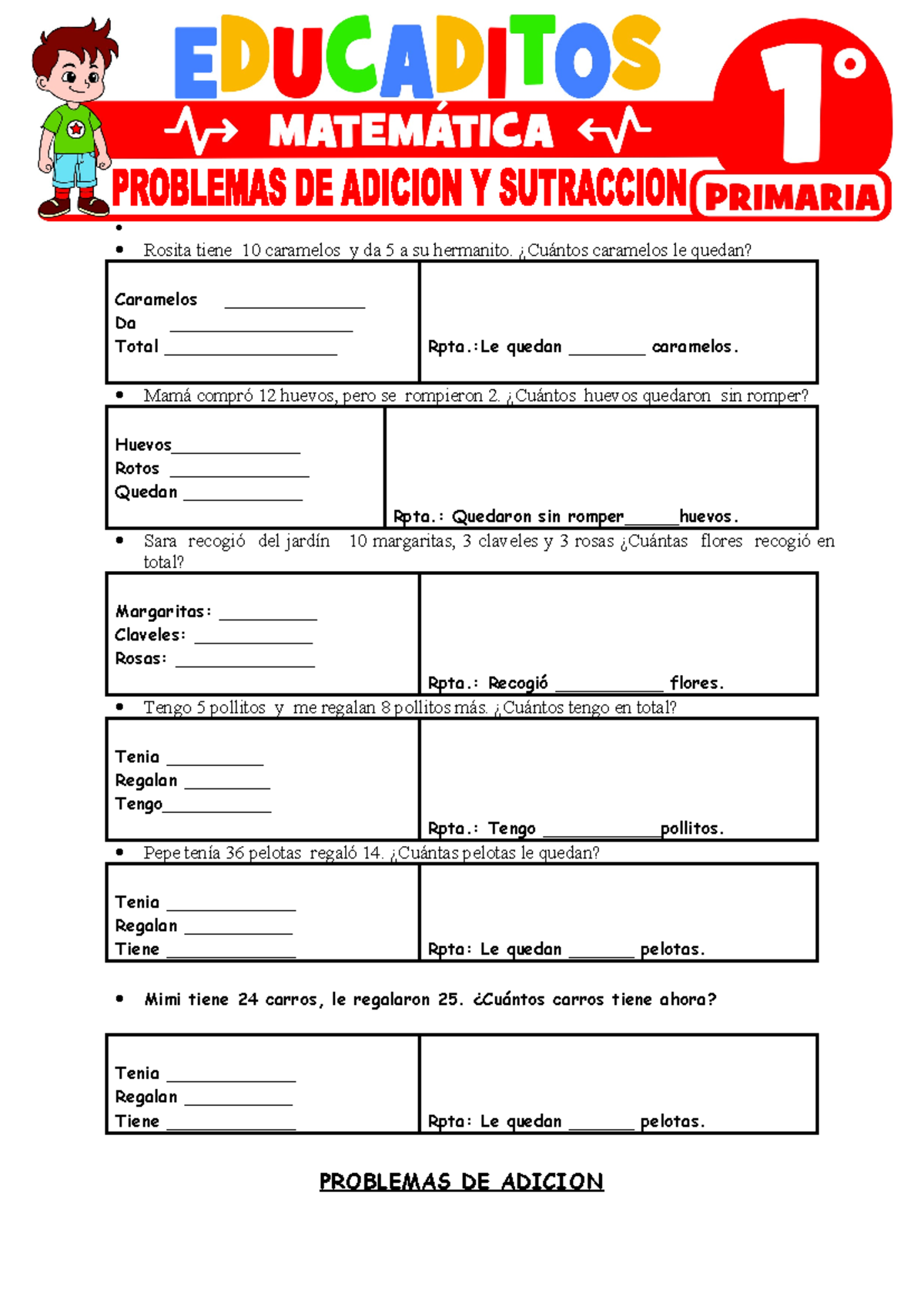 Problemas de Adicion y Sutraccion para Primer Grado de Primaria ...