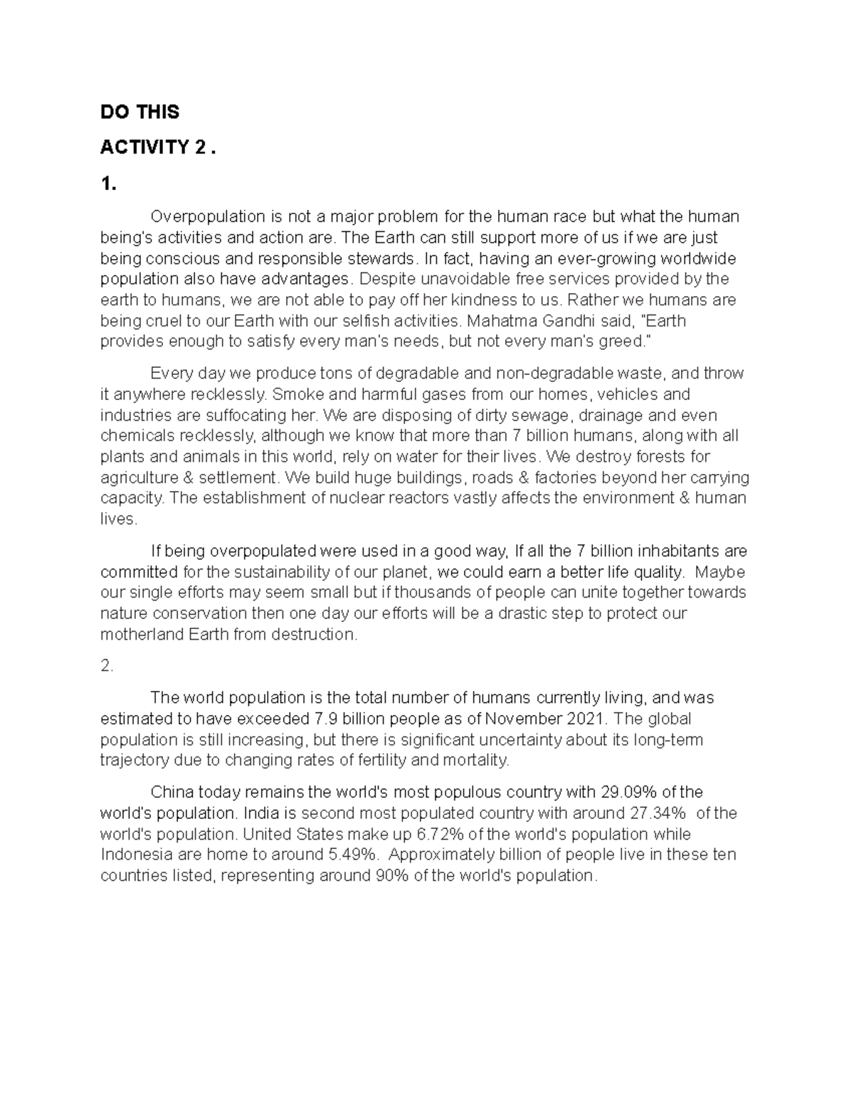 Ss3 lesson 10 - ... - DO THIS ACTIVITY 2. 1. Overpopulation is not a ...