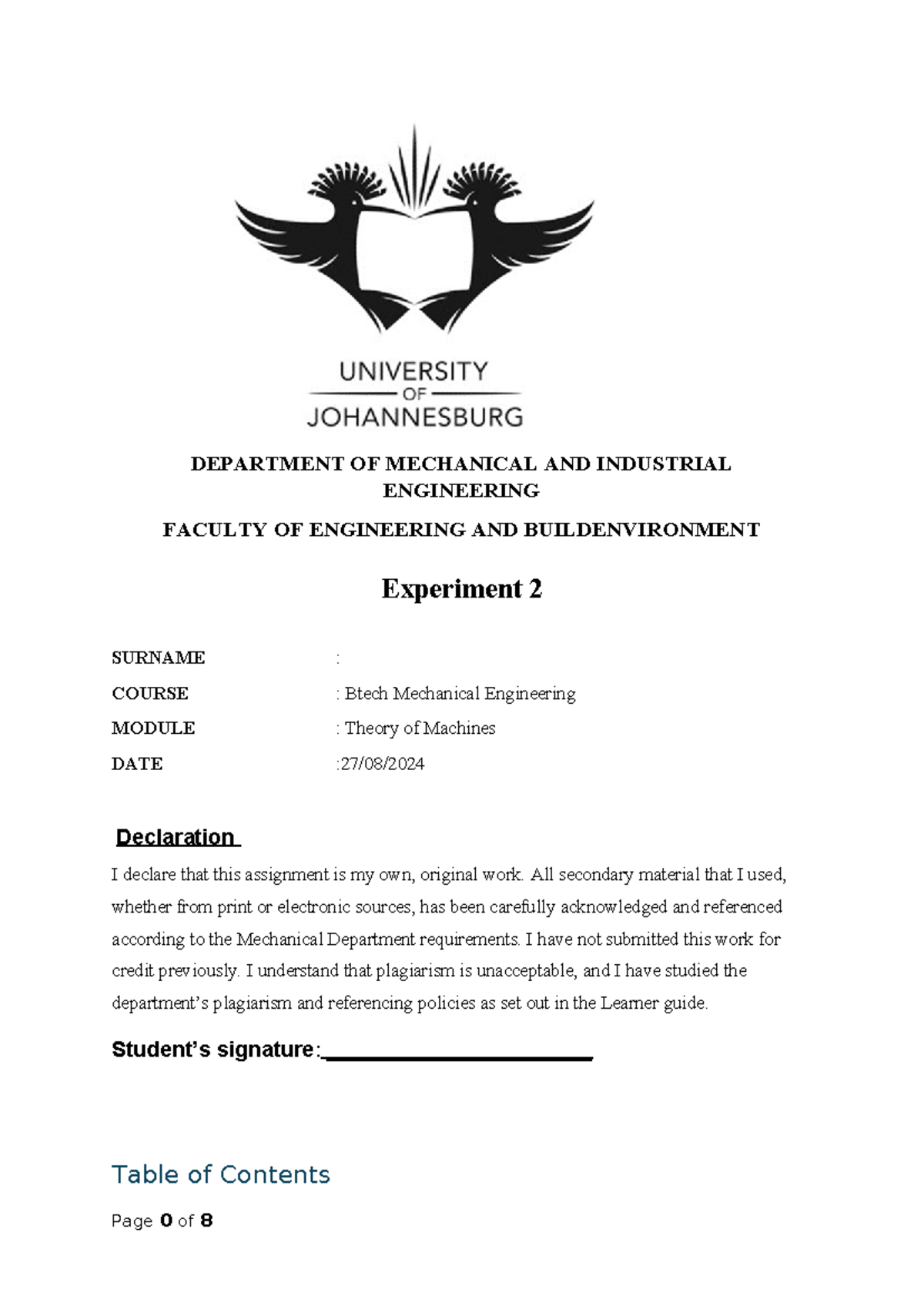 Experiment 2 - Lab report on mechanisms - DEPARTMENT OF MECHANICAL AND ...